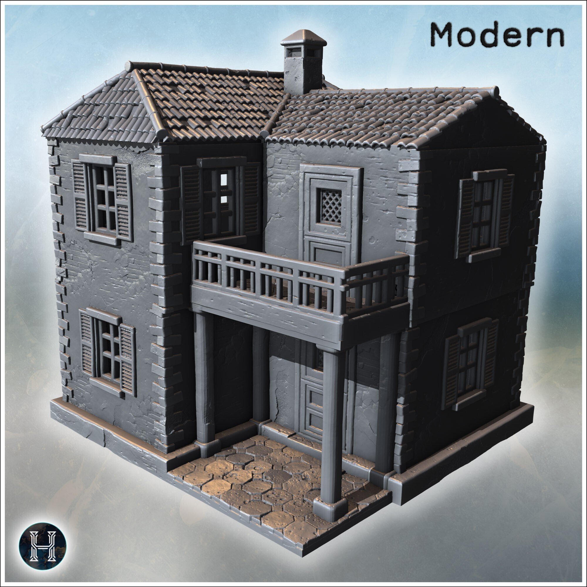 🏠 Two-story stone house with tile roof, upper balcony, and symmetrical ...