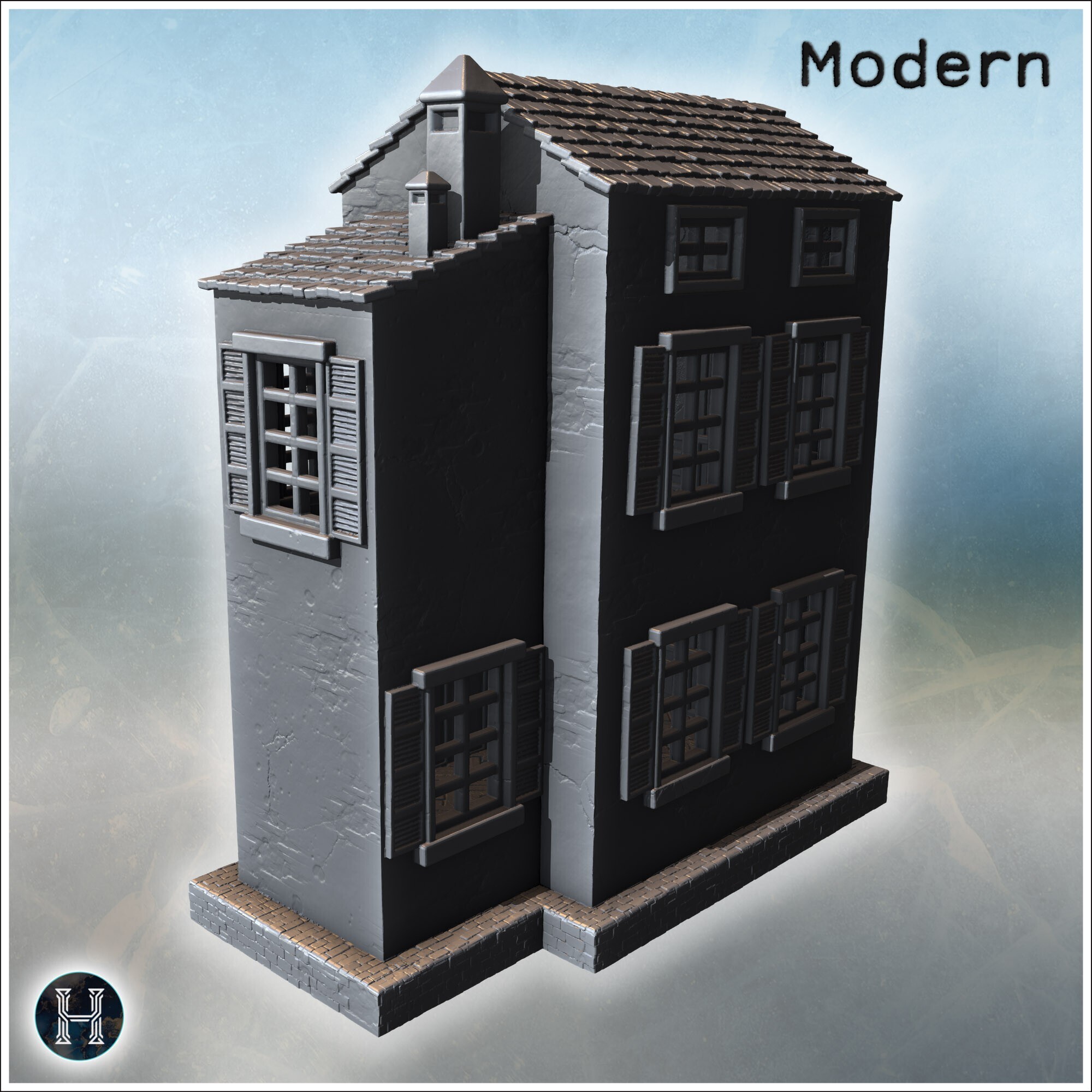 🏗️ Narrow building with tiled roof, tall windows with shutters and ...