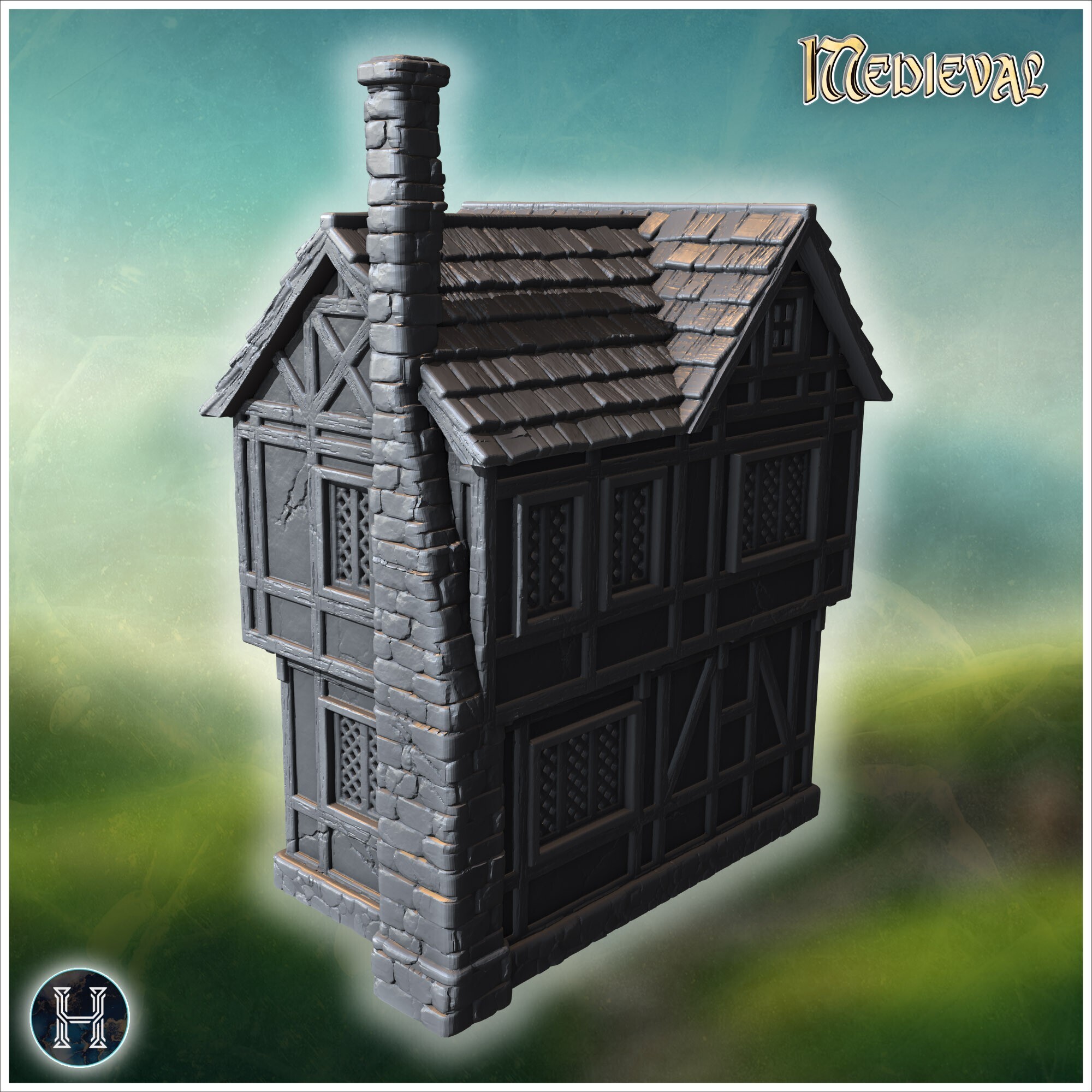 🏠 Large medieval house with wooden reinforcements, stone base, lattice ...