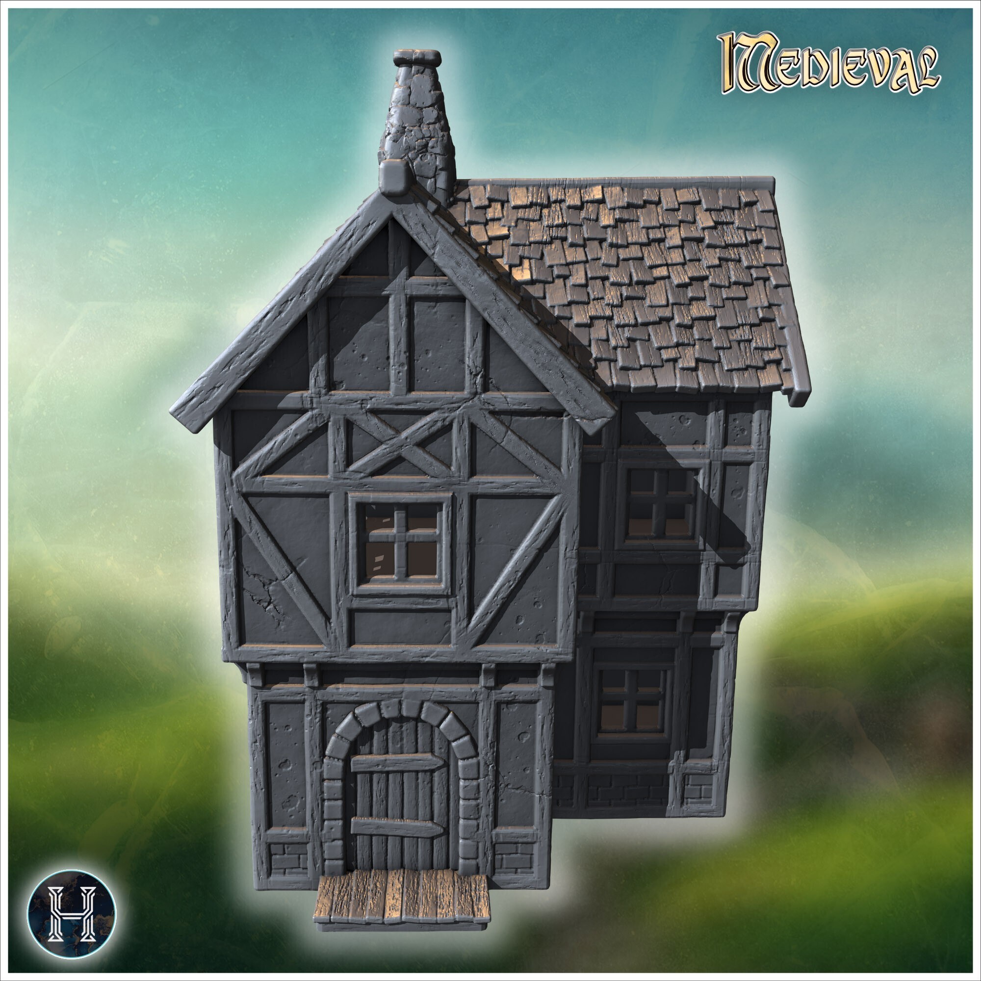 🏠 Corner medieval house with timber-framed structure, stone chimney ...