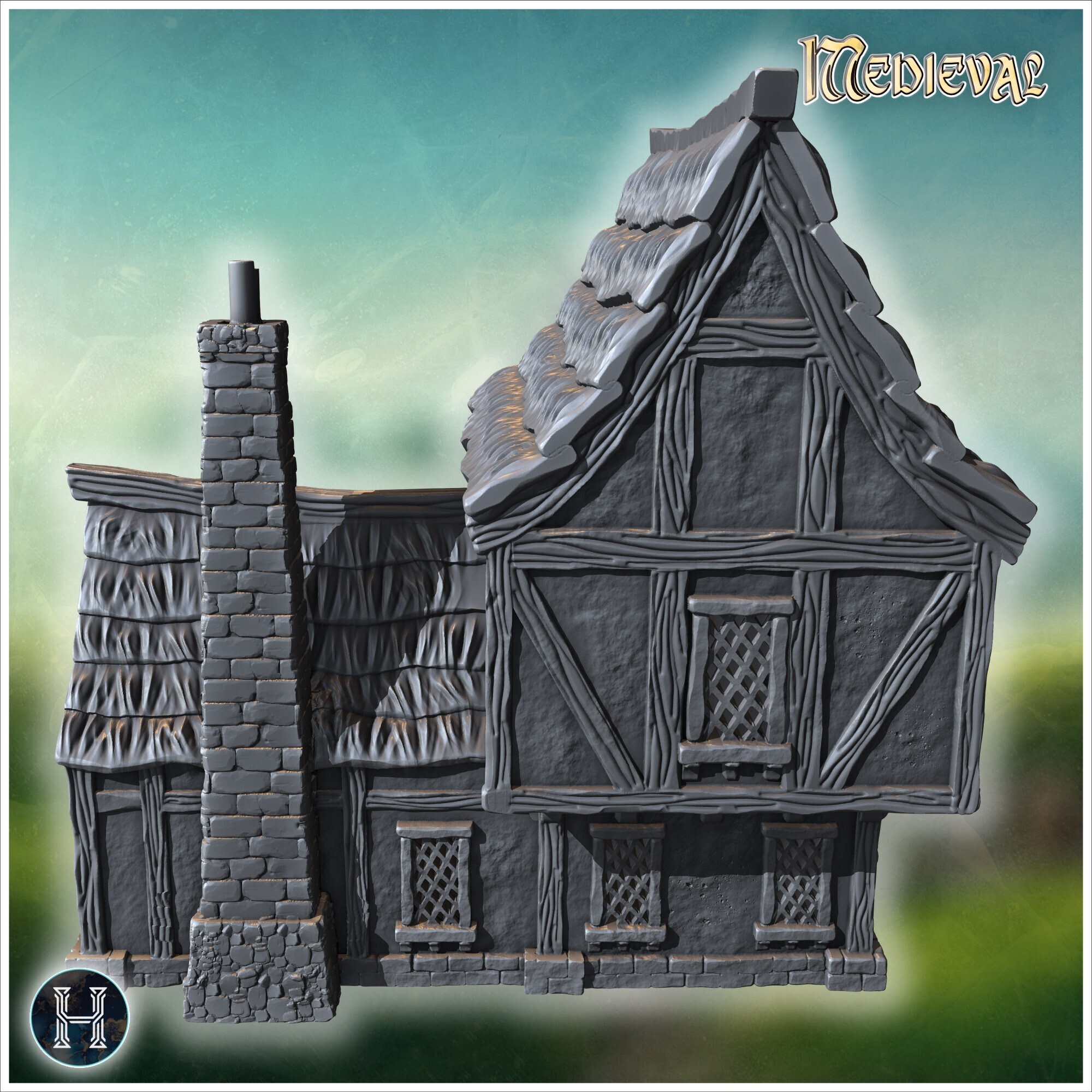 🏠 Half-timbered medieval house with thatched roof, stone chimney ...