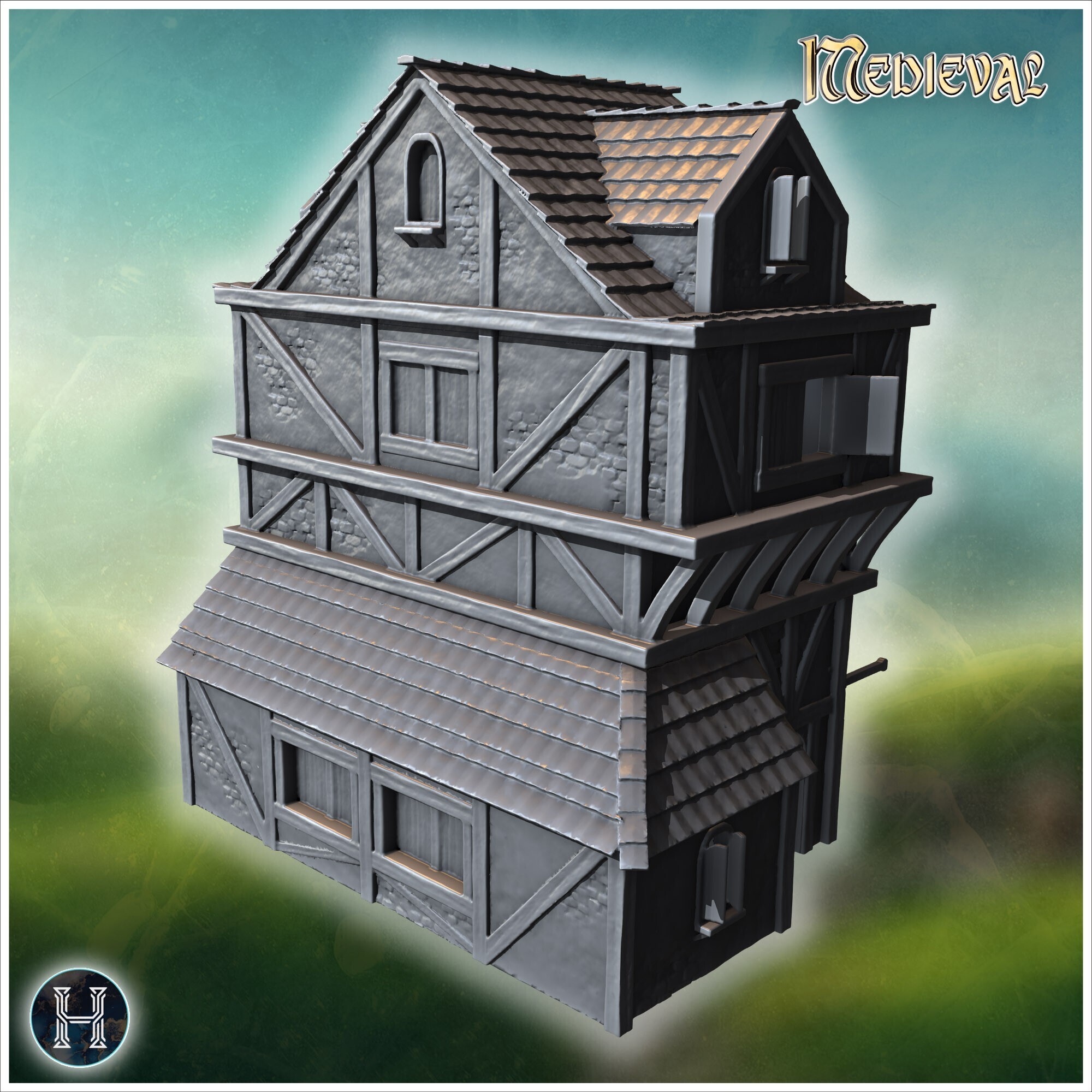 🏠 Tall medieval house with timber framing, overhanging upper floor ...