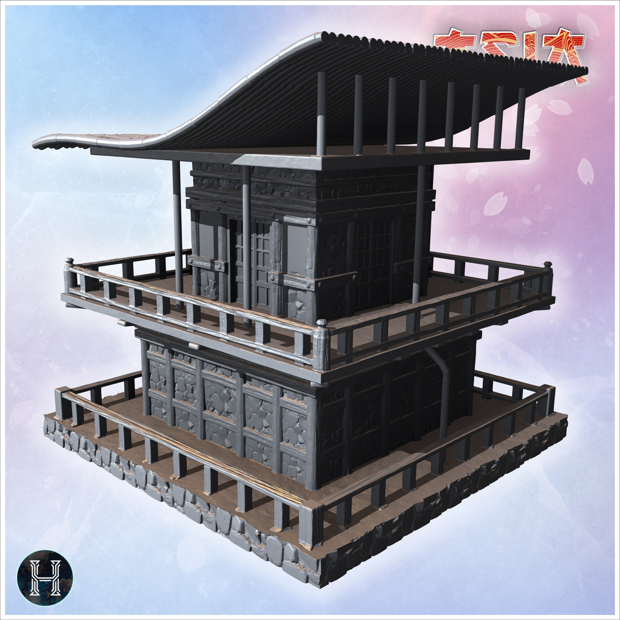 🪵 Two-story Asian-style watchtower with balconies, curved roof, stone ...