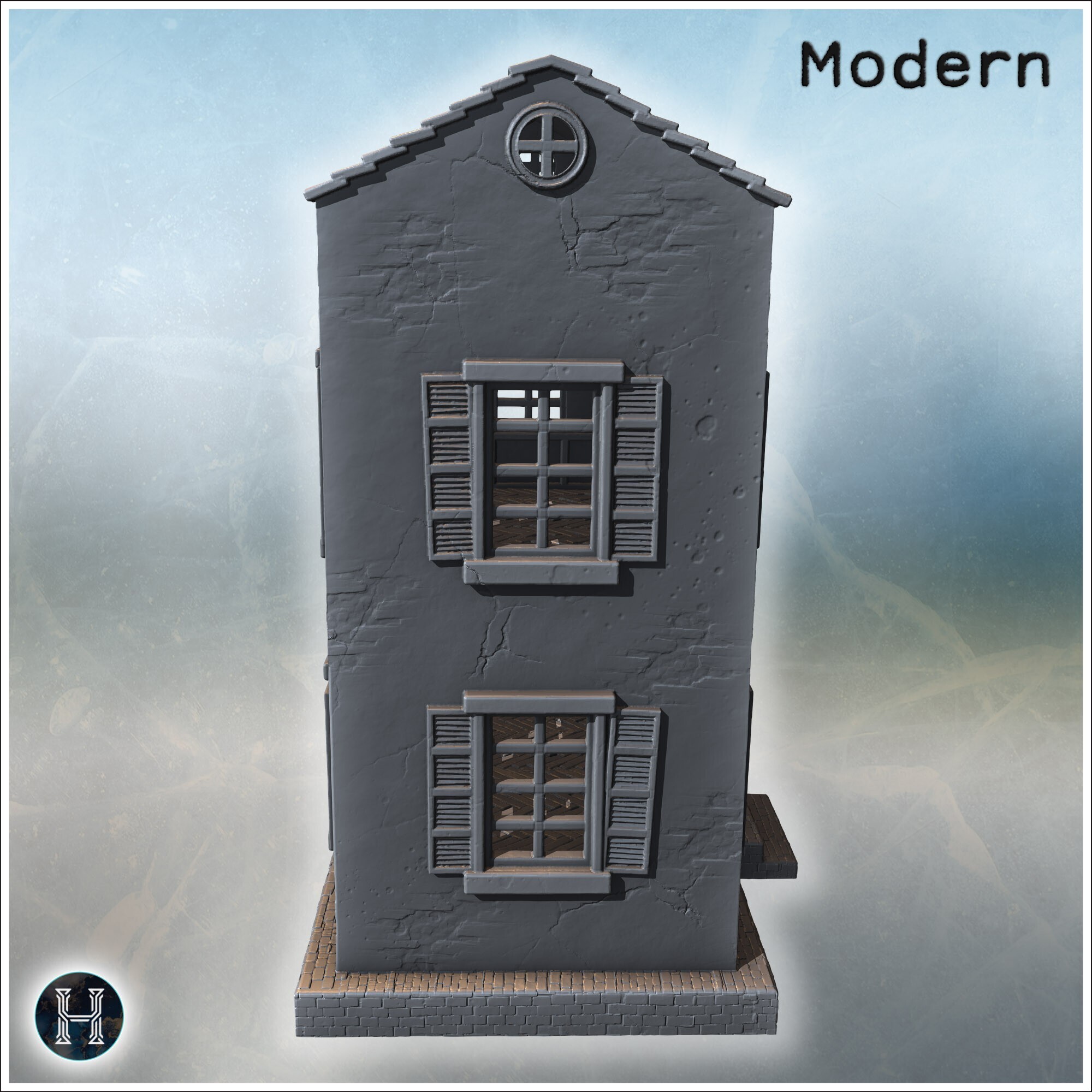 🏗️ Narrow building with tiled roof, tall windows with shutters and ...