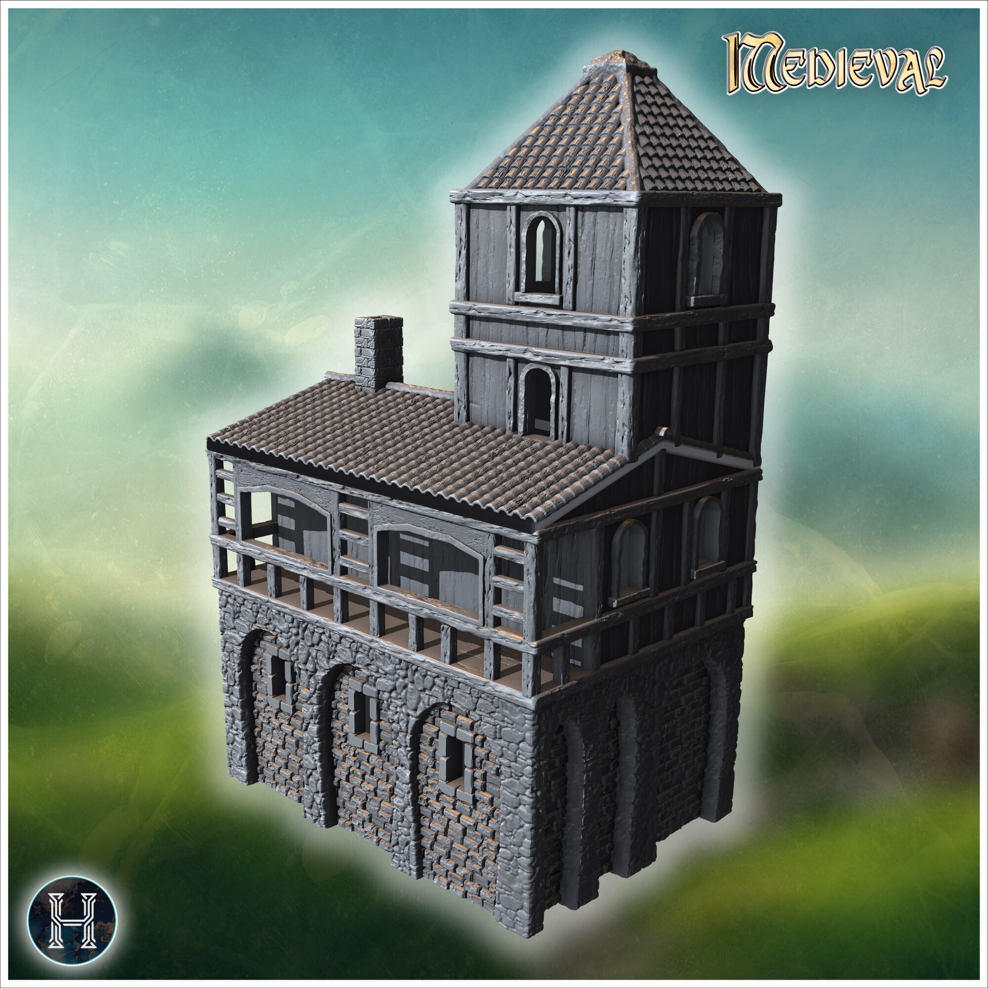 🏠 Large half-timbered house with a stone base, tiled roof, and open ...