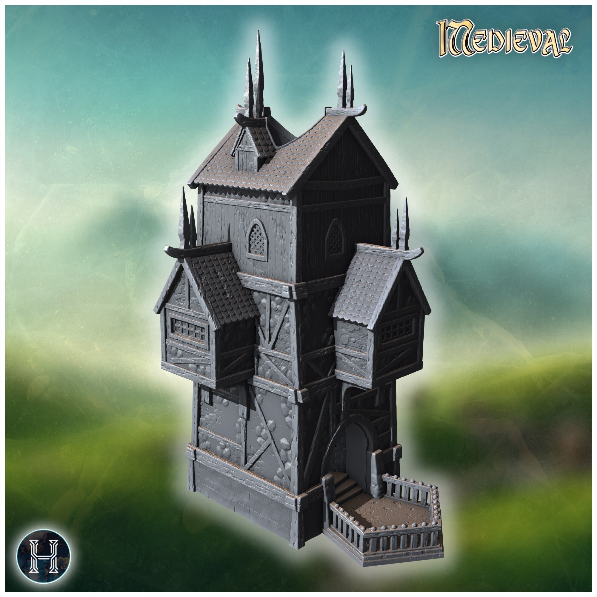 🪵 Timber-framed watchtower with reinforced base, wooden balconies, and ...