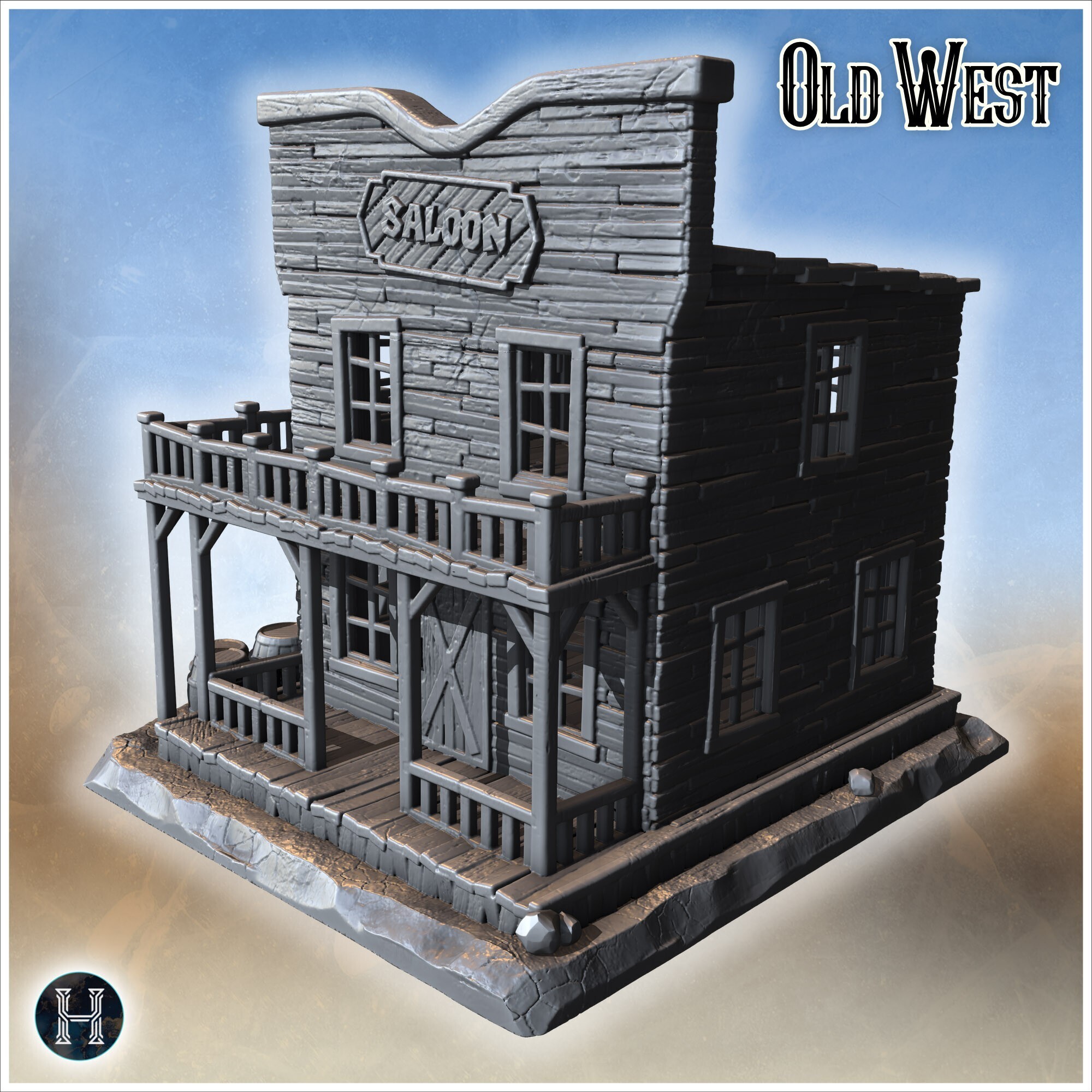 🪵 Traditional saloon with double balcony, wooden railings, swinging ...