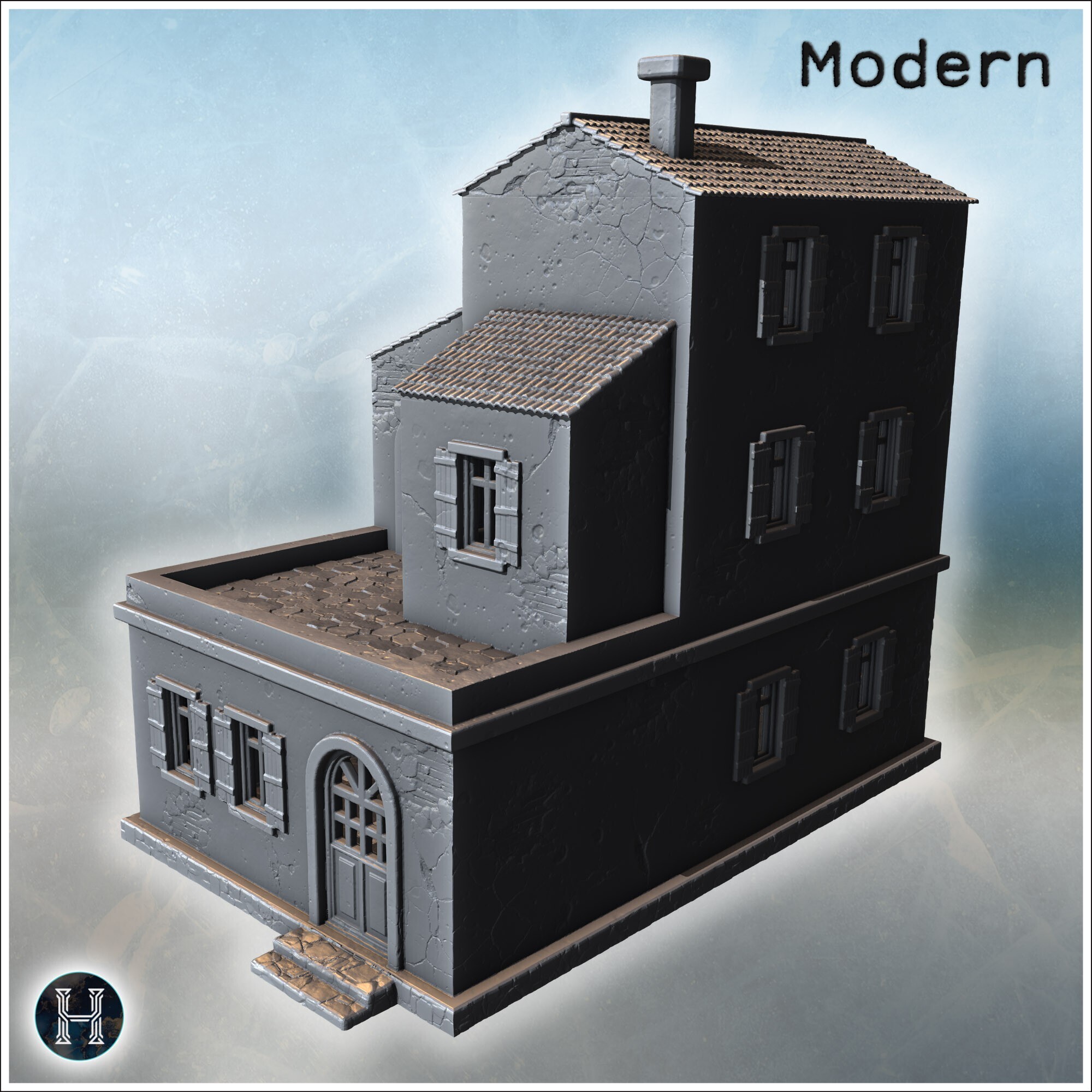 🗺️ Multi-level structure with tiled roofs, protruding wings and arched ...