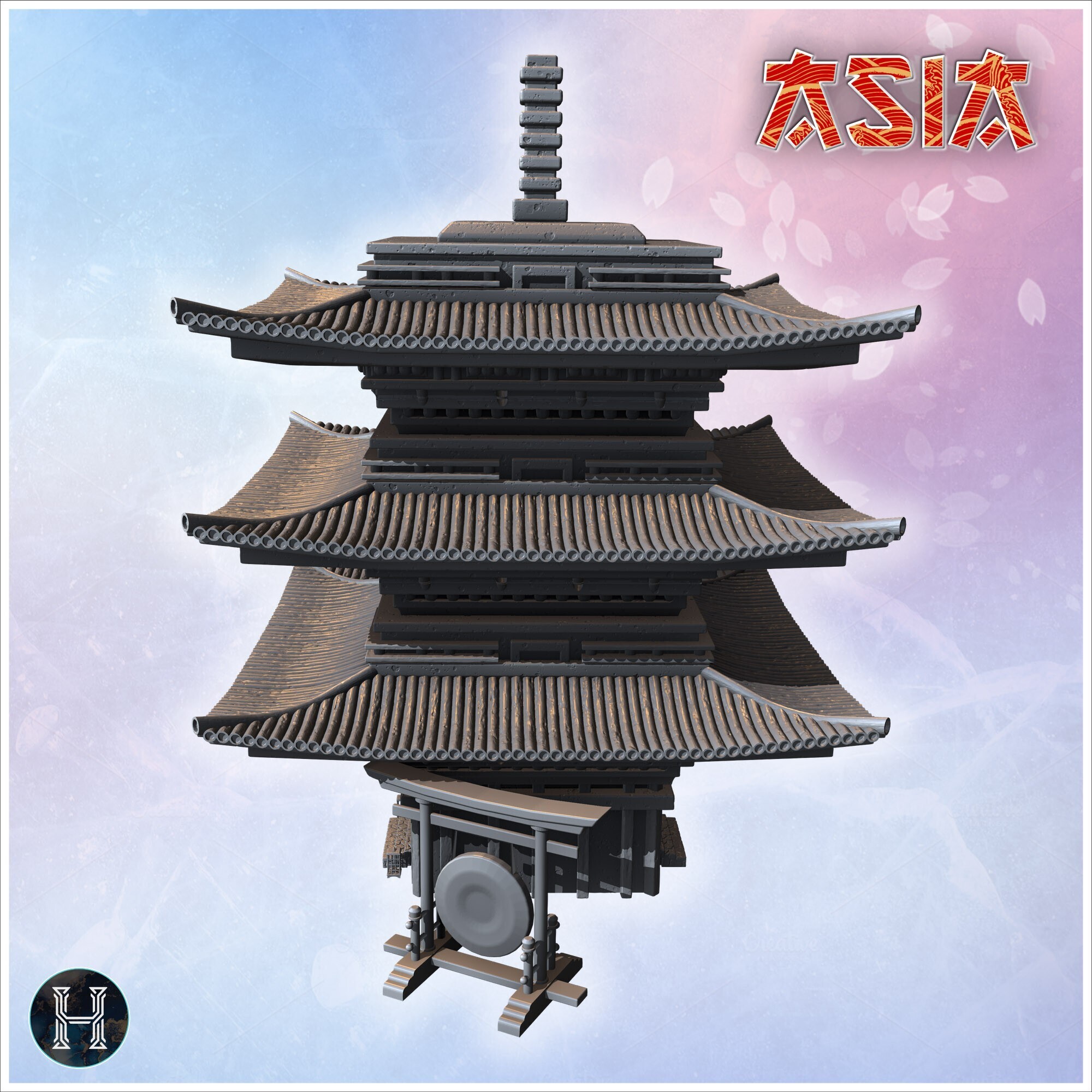 🪵 Multi-tiered Asian pagoda structure, curved roofs, central spire ...