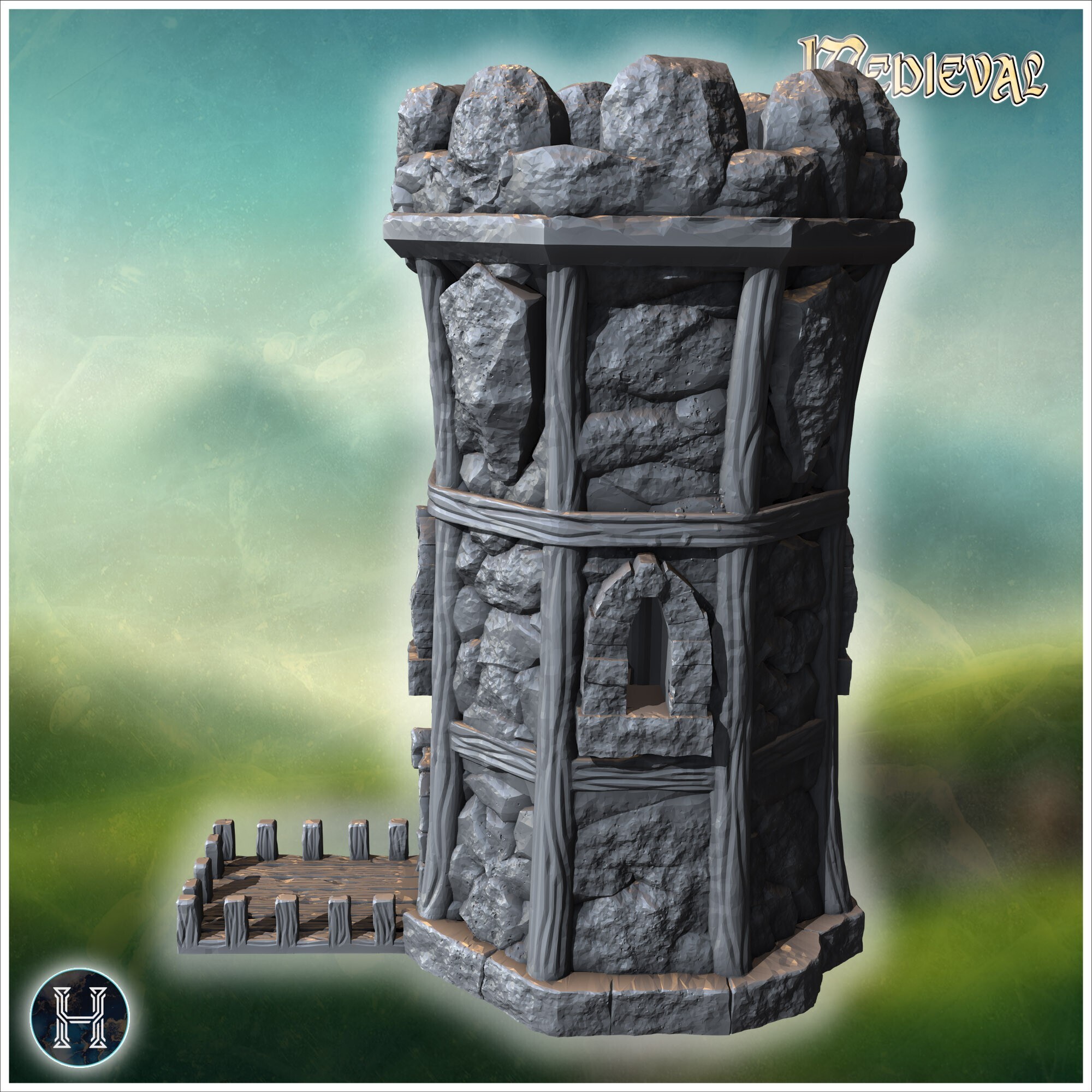 🪵 Rock-reinforced defensive tower with wooden supports, arched openings ...