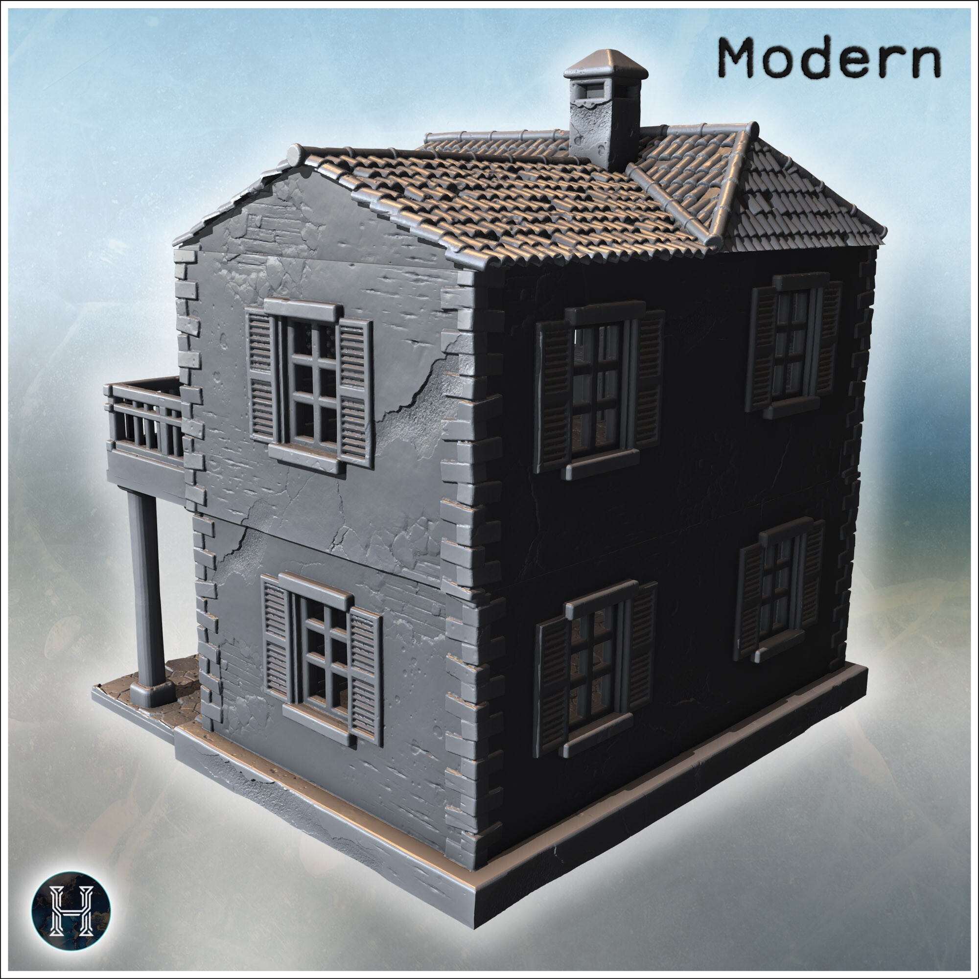 🏠 Two-story stone house with tile roof, upper balcony, and symmetrical ...