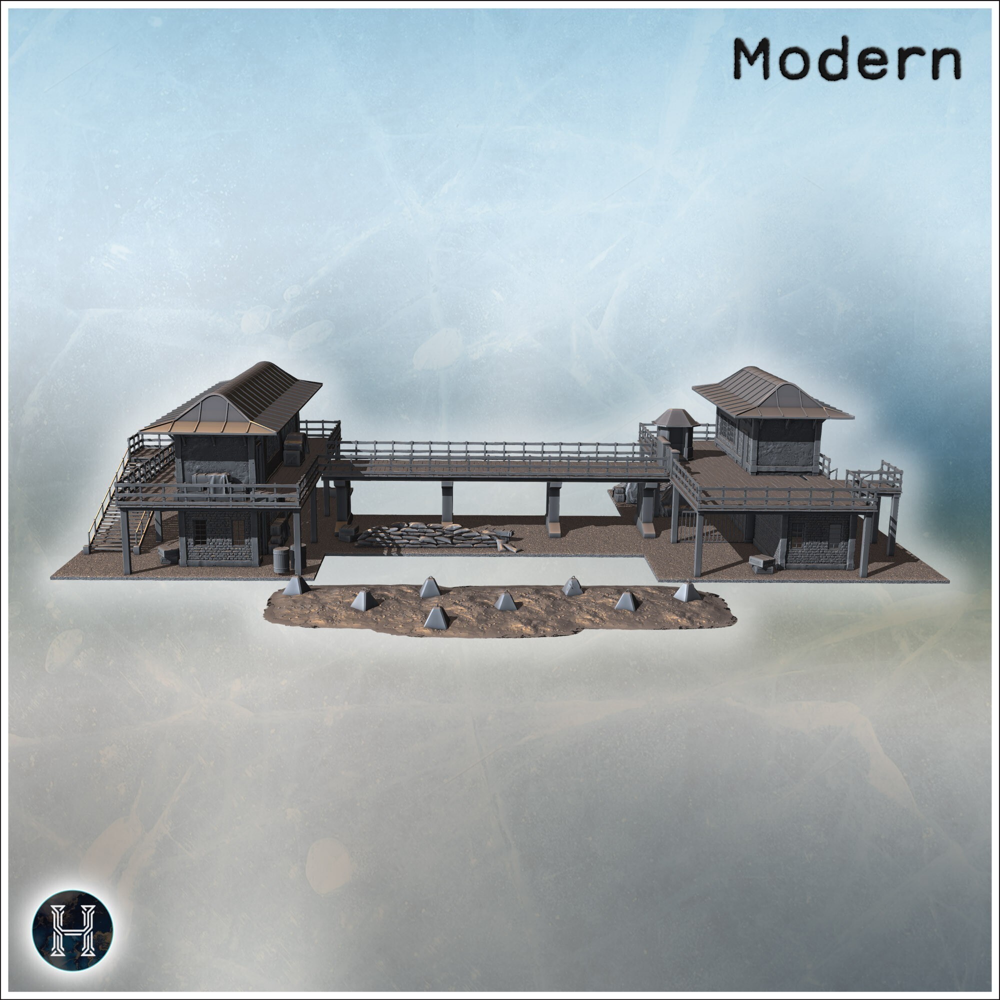 🪵 Industrial checkpoint with wooden guard towers, sandbags, barriers ...