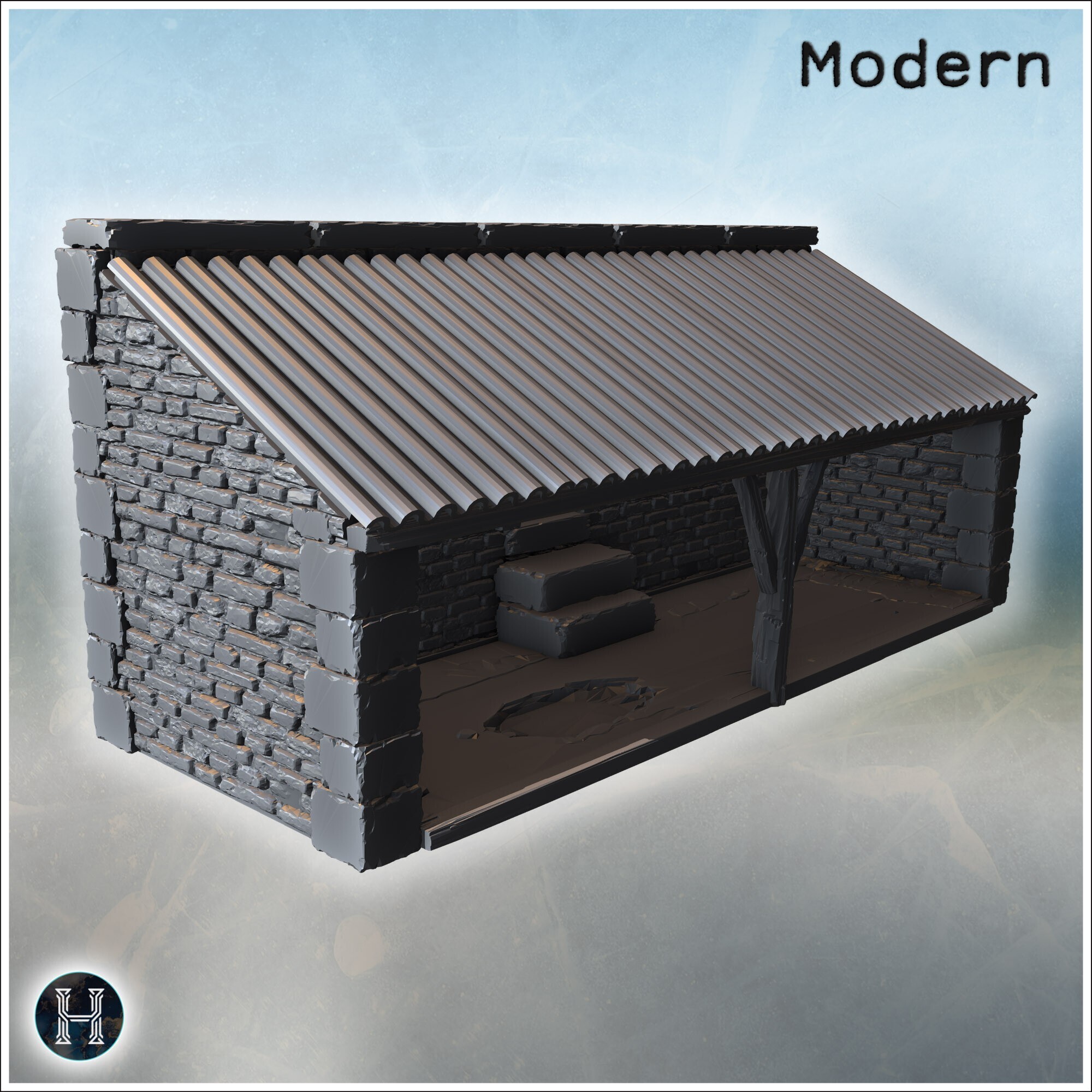 🧱 Open-front stone shelter with sloped corrugated metal roof, timber ...