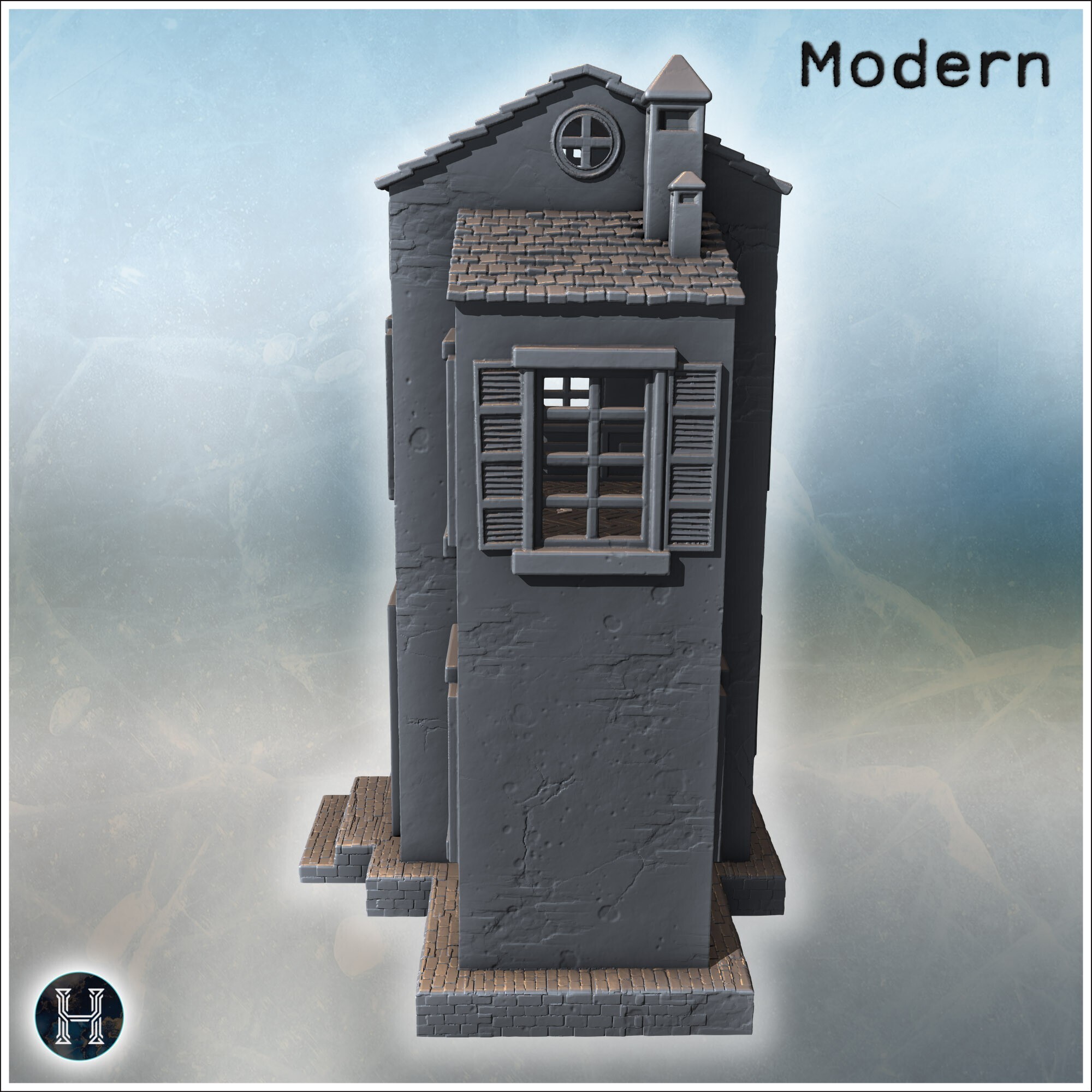 🏗️ Narrow building with tiled roof, tall windows with shutters and ...