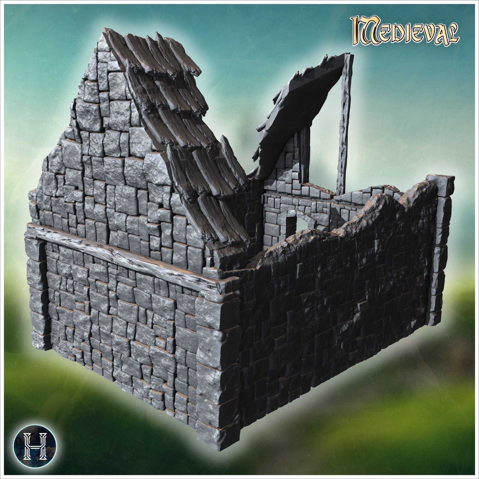 🏗️ Ruined stone building with arched doorways and weathered wooden roof ...