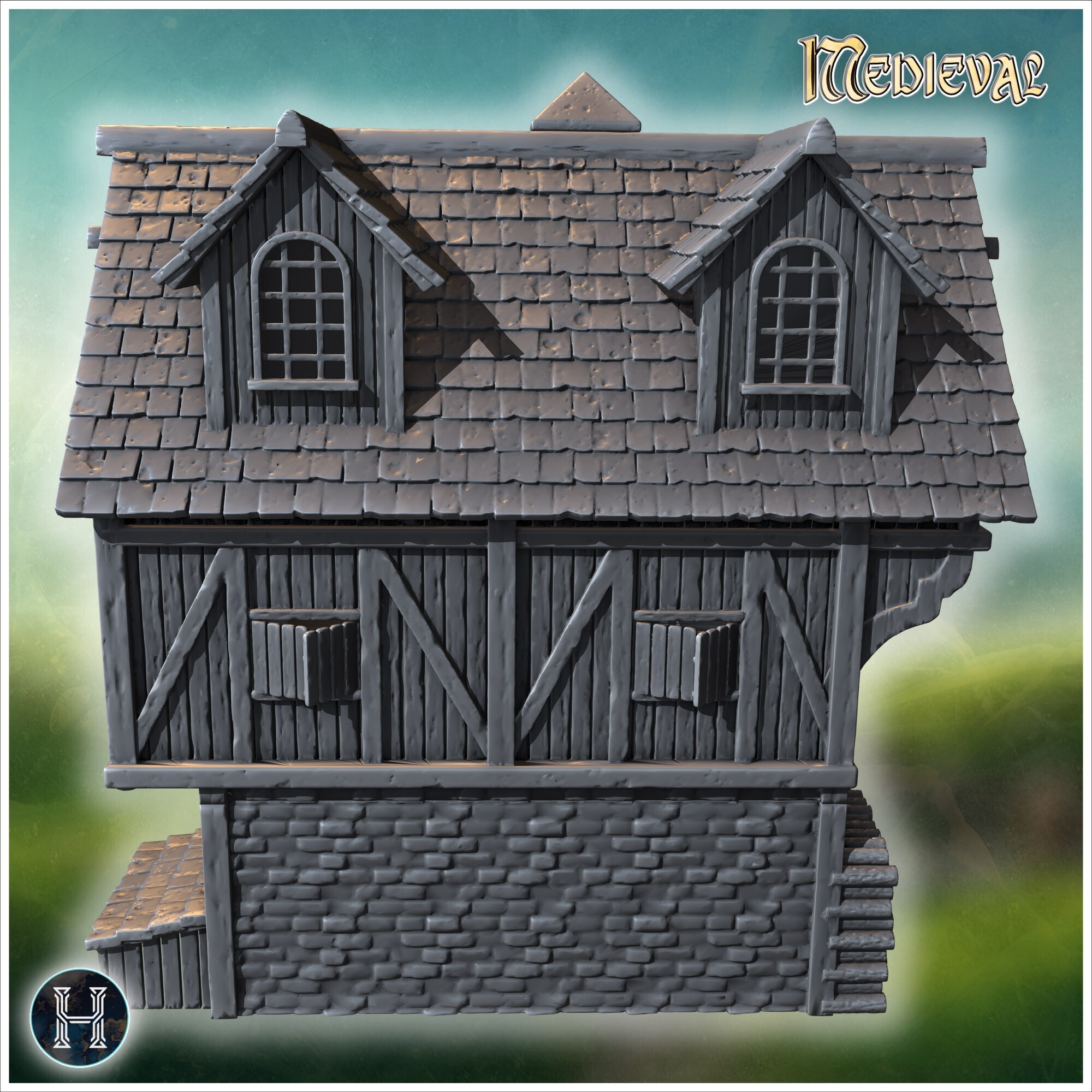 🏠 Timber-framed house with dormer windows, open shutters, and a stone ...