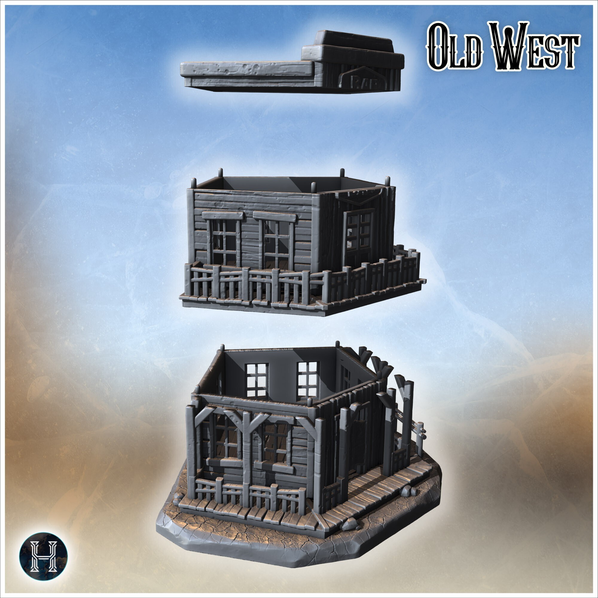 👴 Old saloon building Bar with front porch, balcony, windows and wooden ...