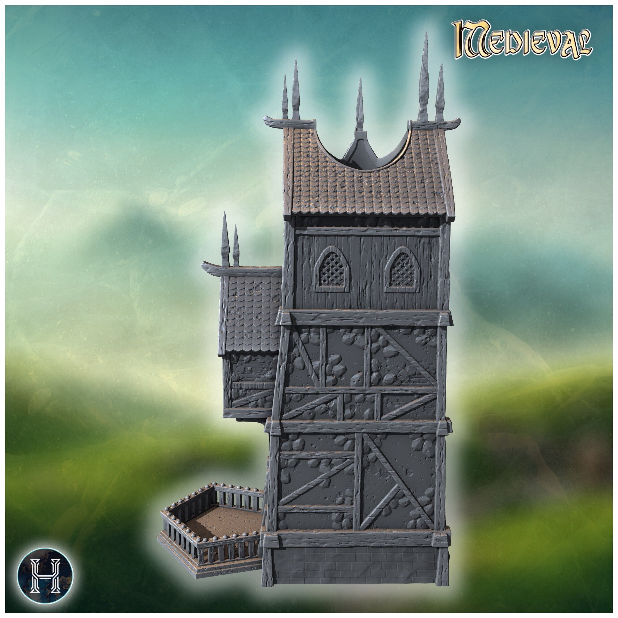 🪵 Timber-framed watchtower with reinforced base, wooden balconies, and ...