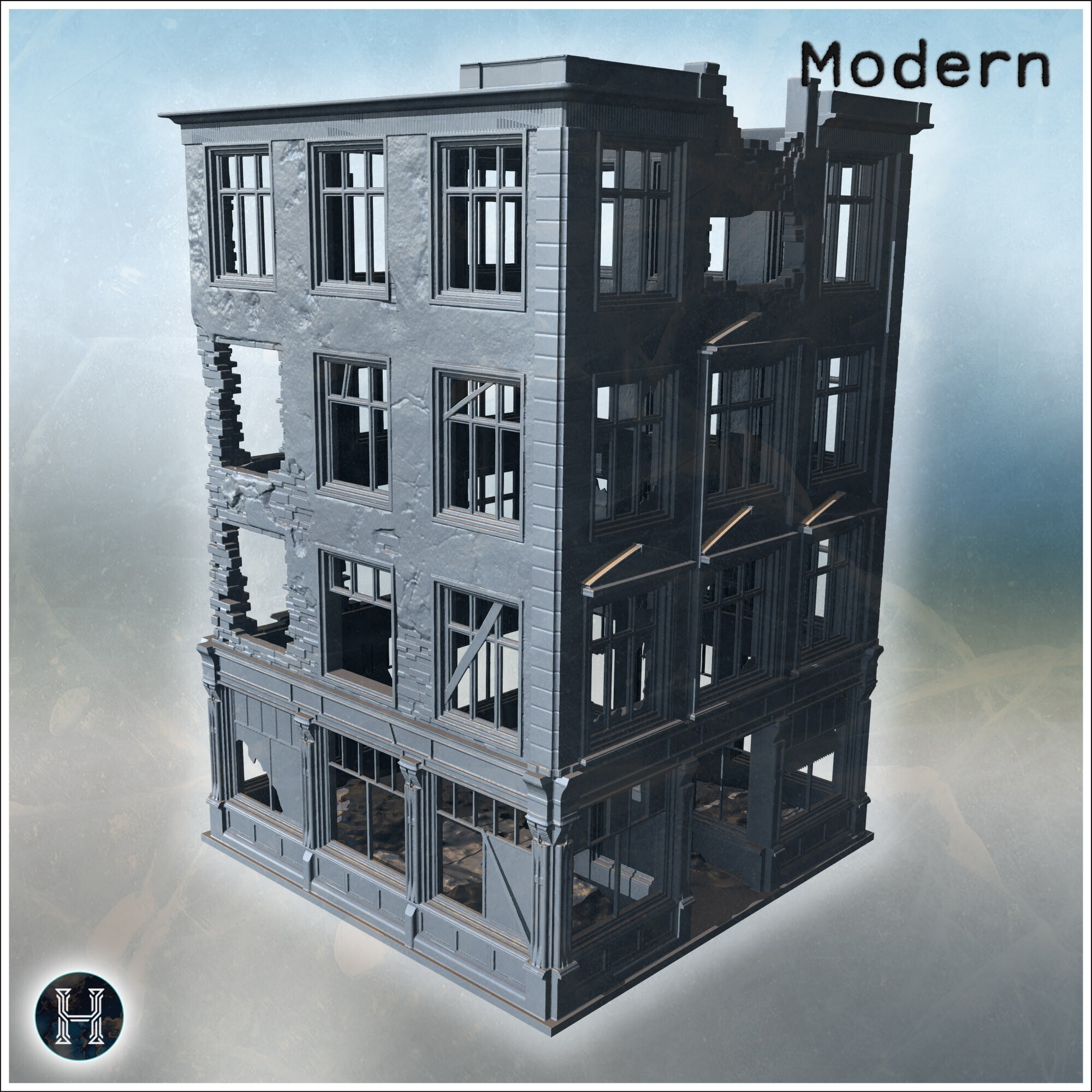 🏗️ Four-story building with broken windows, damaged facade, and debris ...