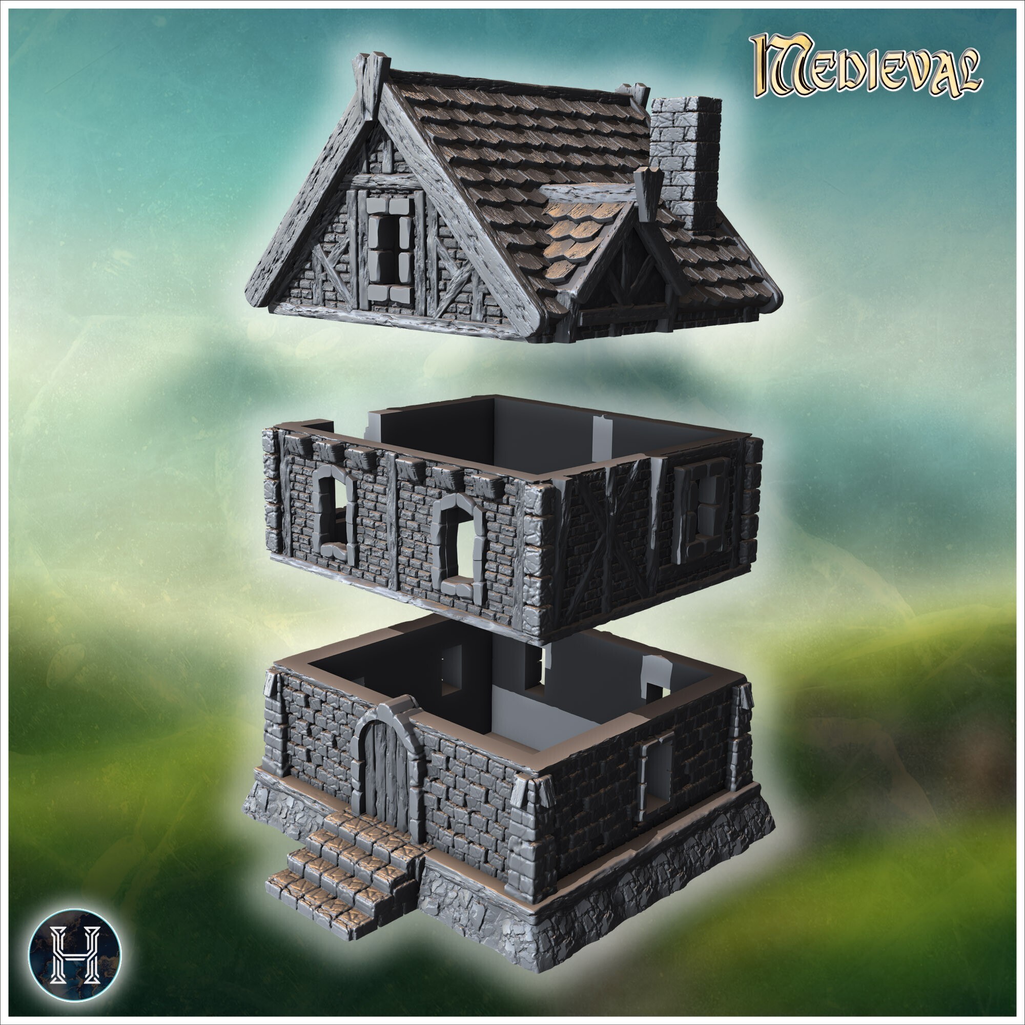 🏠 Medieval timber-framed house with stone foundation, steep gabled roof ...
