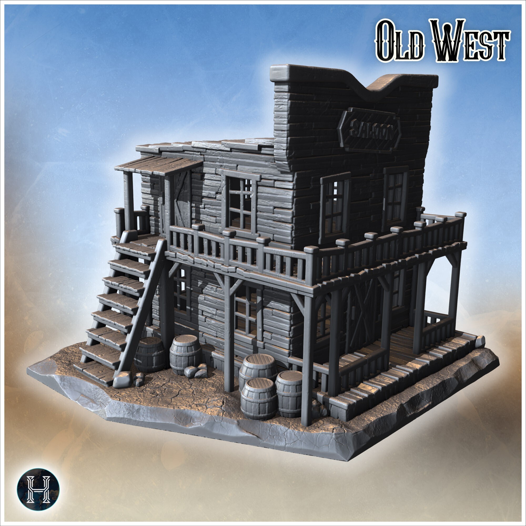 🪵 Traditional saloon with double balcony, wooden railings, swinging ...