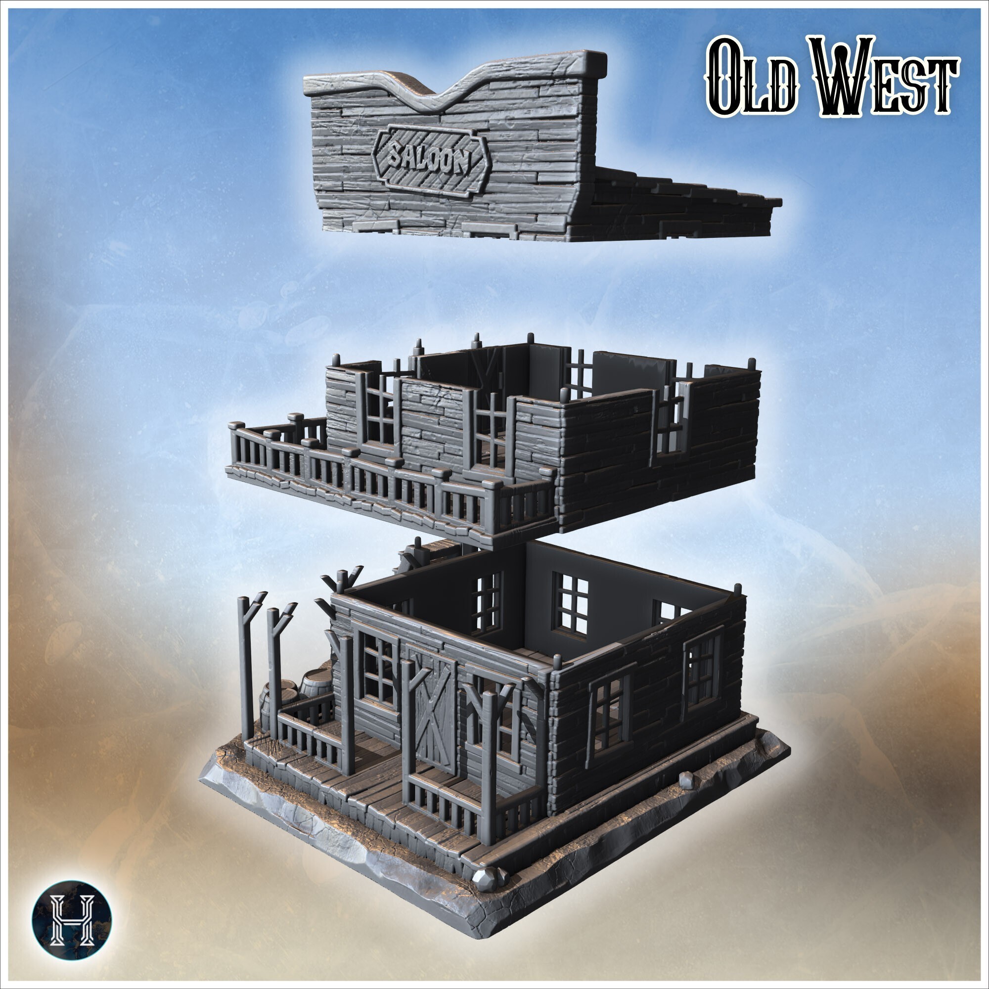 🪵 Traditional saloon with double balcony, wooden railings, swinging ...