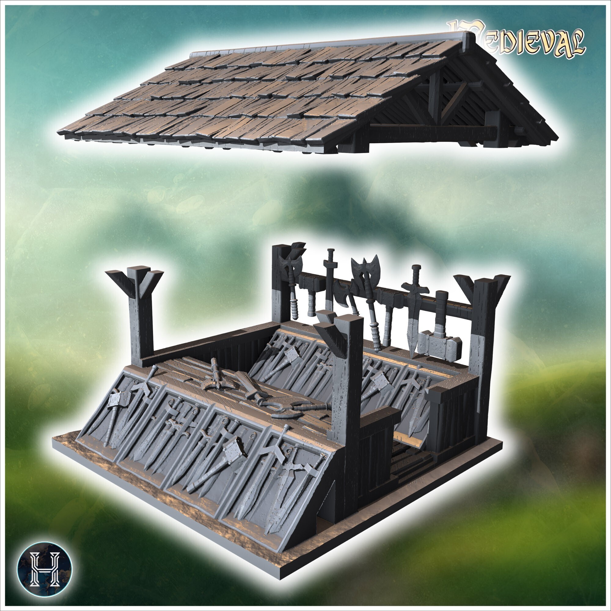 🪵 Open wooden market stall with a slanted roof, display shelves, and ...