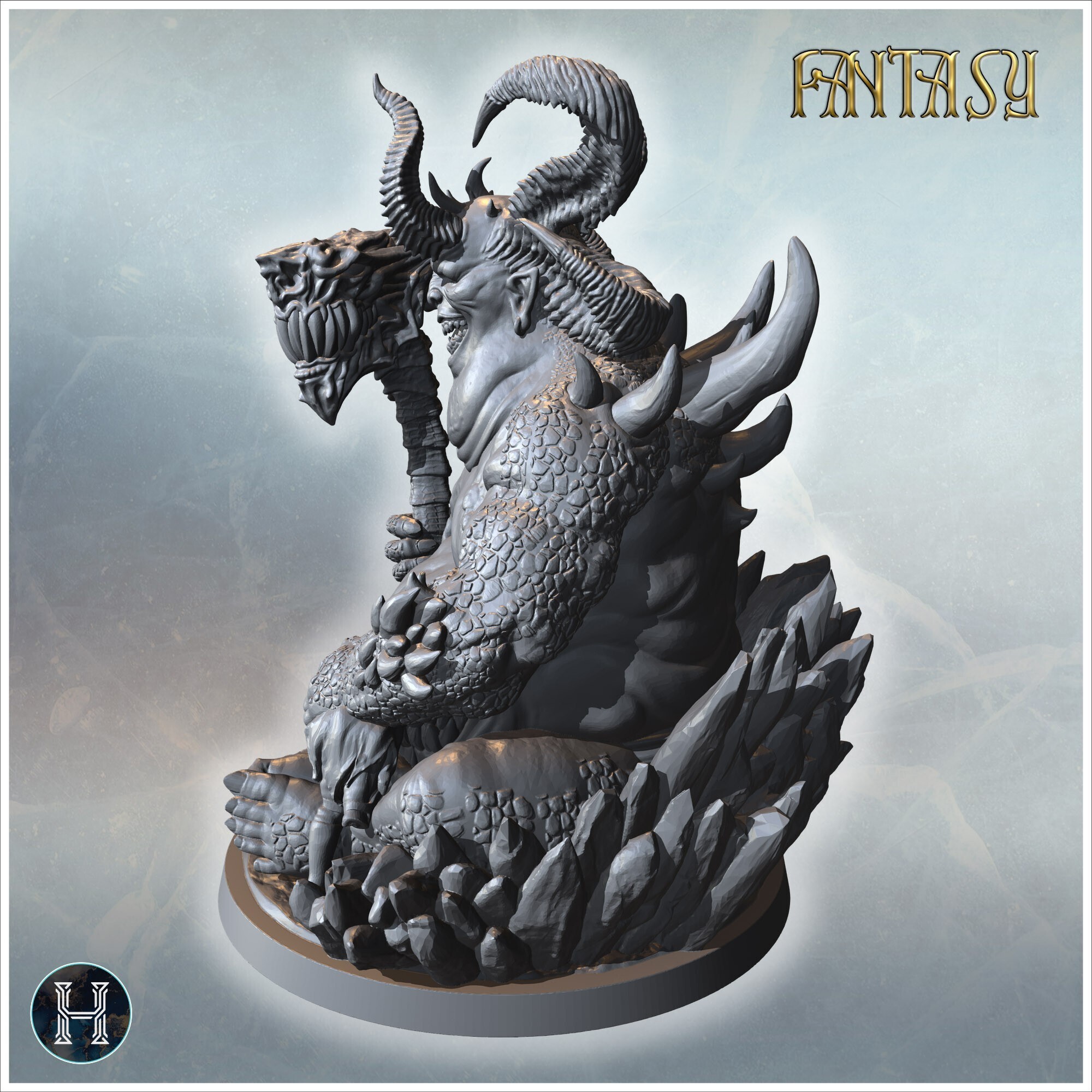 🪄 Fat demonic figure seated on a rocky base, holding a monstrous staff ...