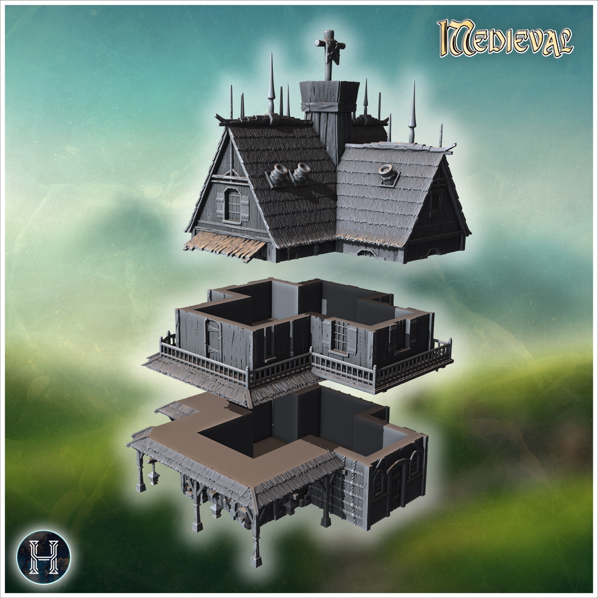 🏴‍☠️ Gran taberna pirata con tejados altos, balcones de madera y torres ...