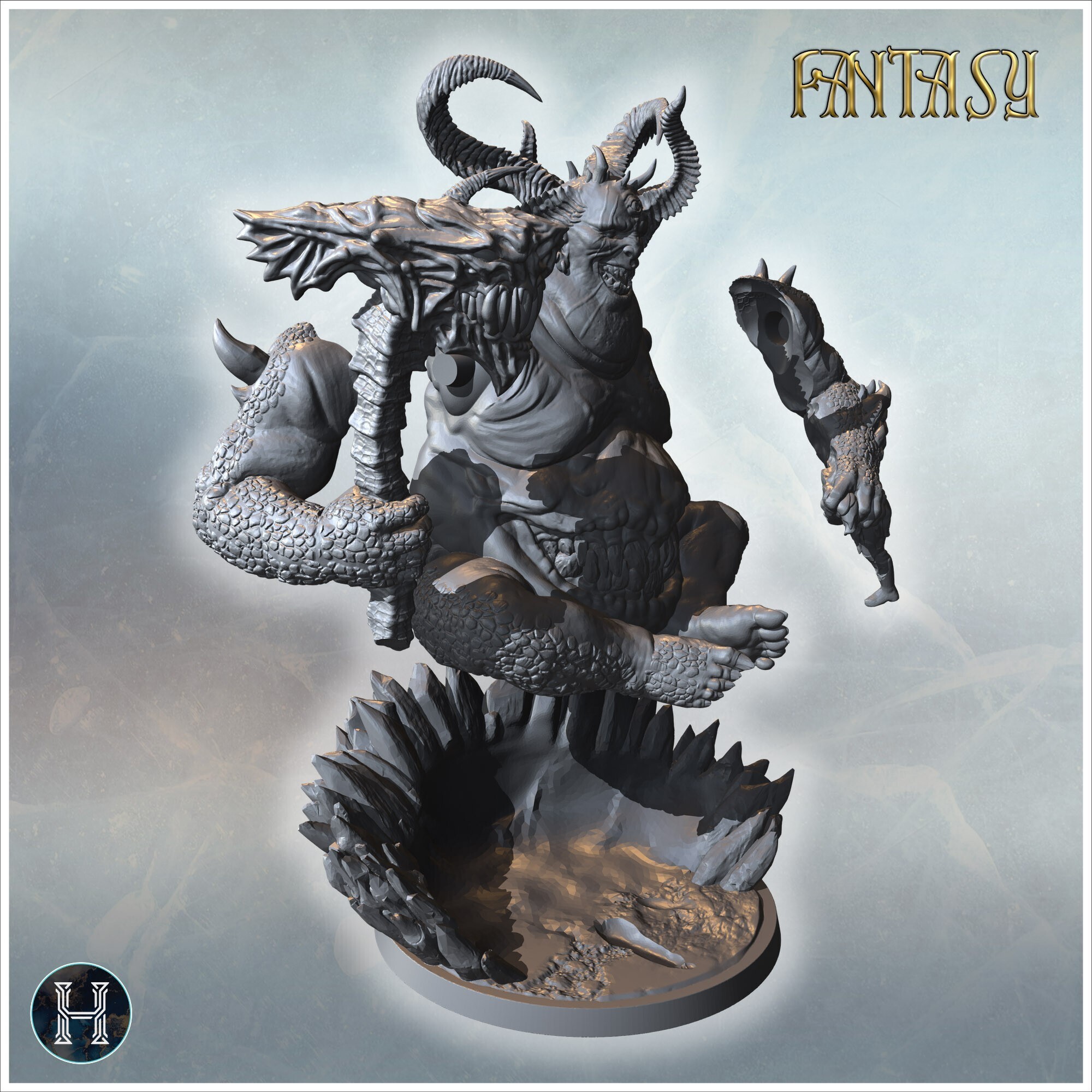 🪄 Fat demonic figure seated on a rocky base, holding a monstrous staff ...