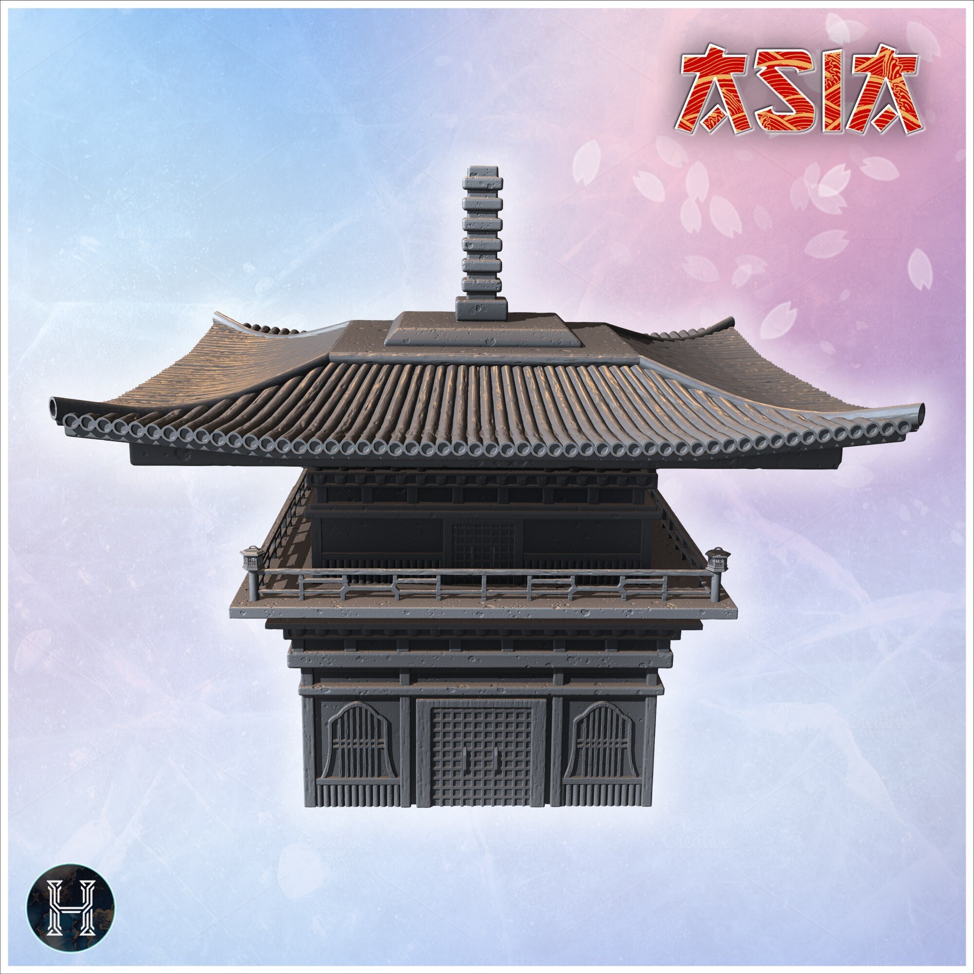 🥷 Large Asian pagoda with wide balcony, elaborate roof structure ...