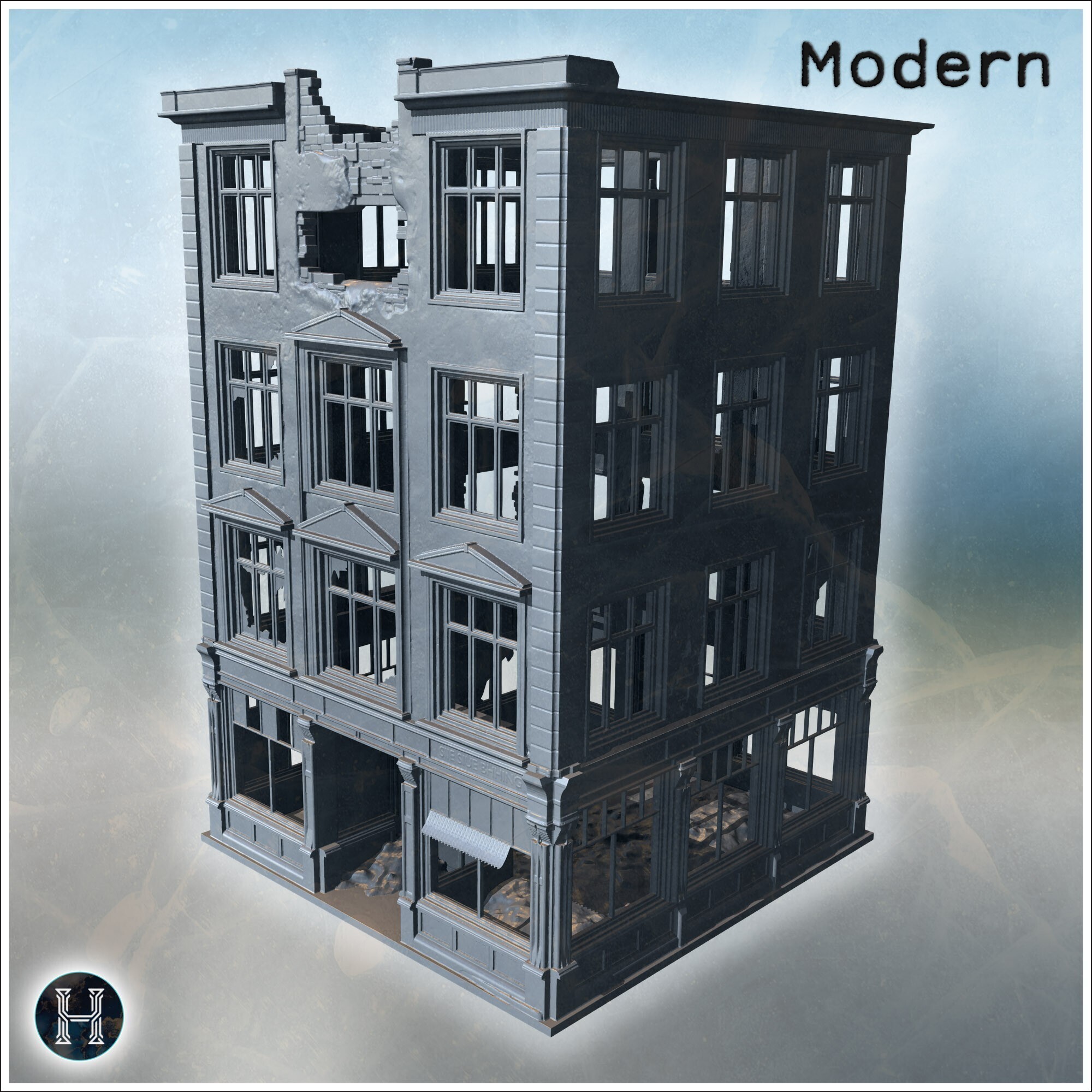 🏗️ Four-story building with broken windows, damaged facade, and debris ...
