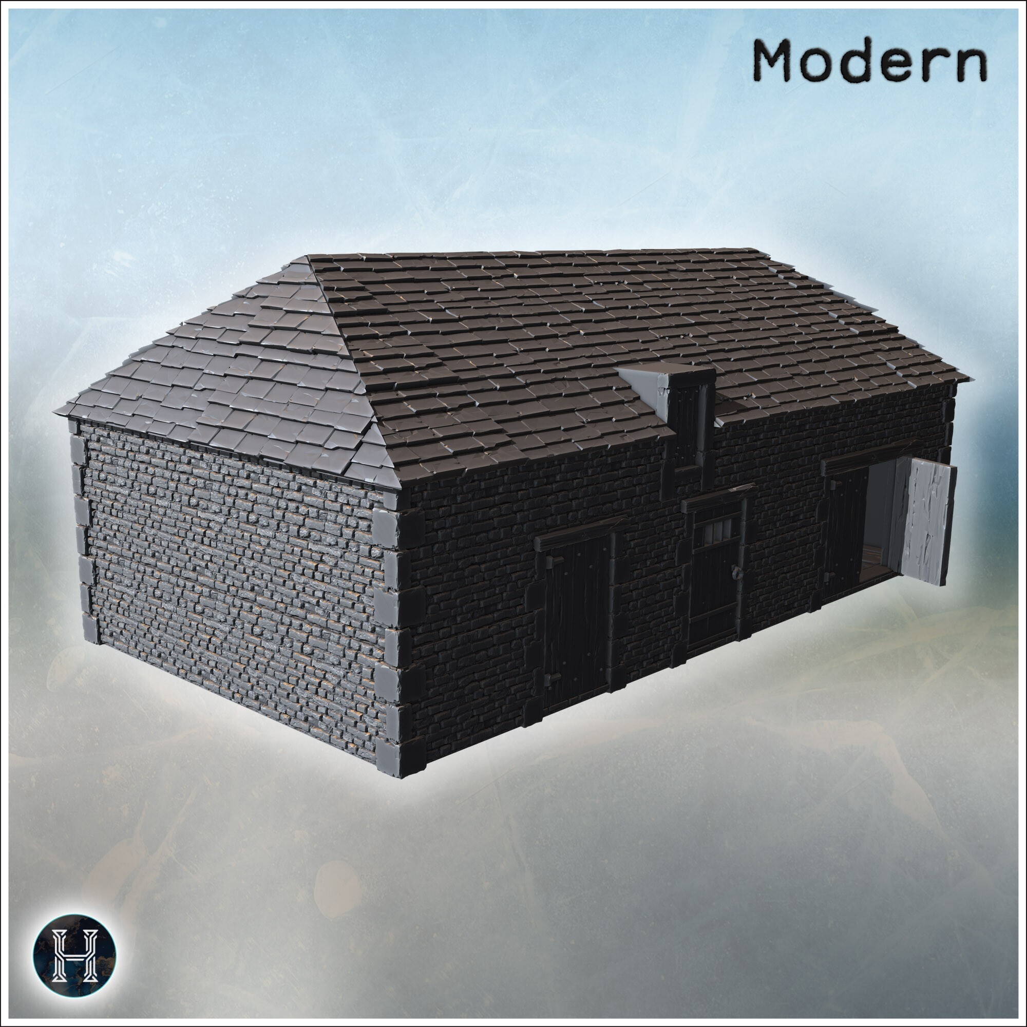 🚪 Rectangular stone stable sports hipped tiled roof, boarded carriage ...