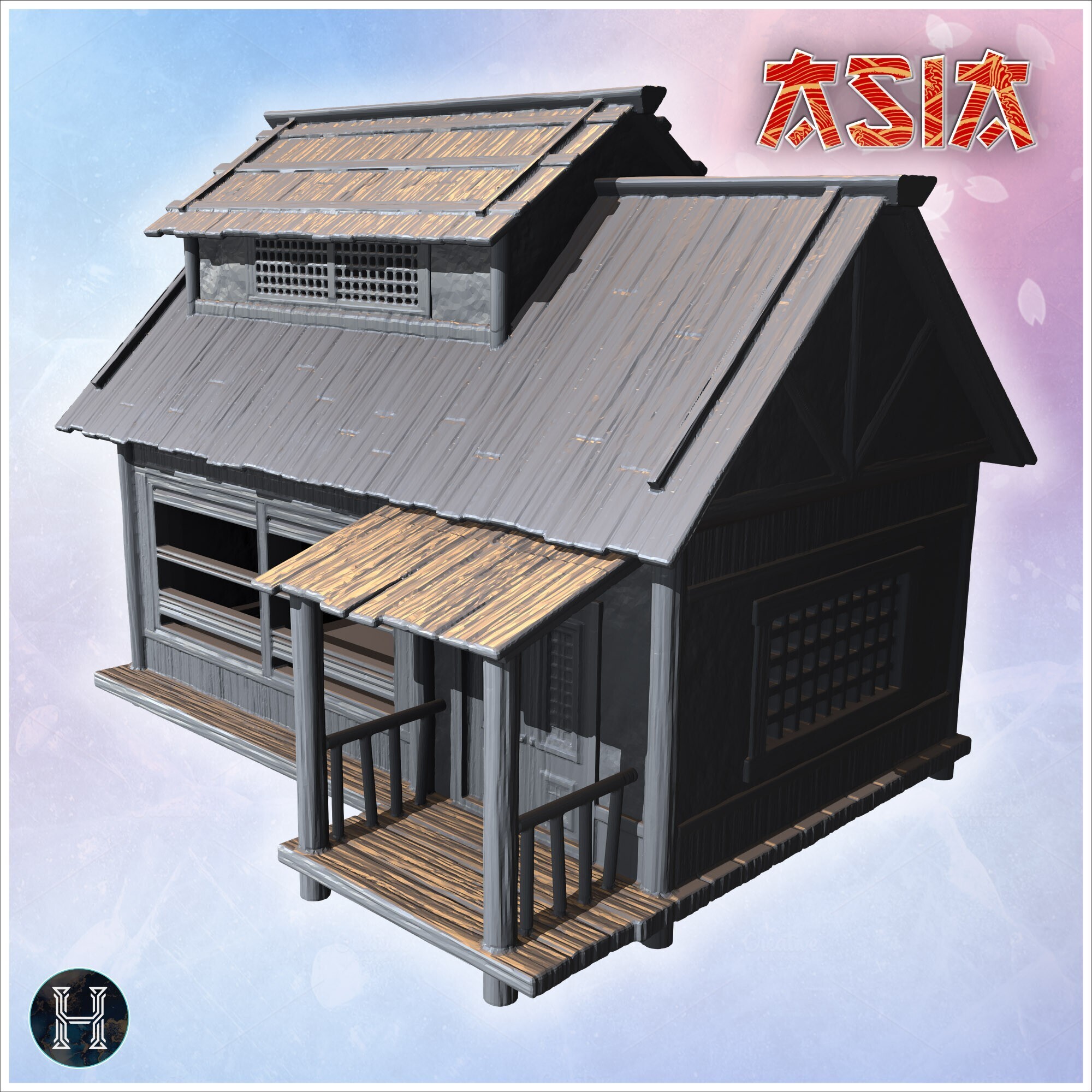 🤏 Small rustic Japanese house with wooden porch, pillars, open windows ...