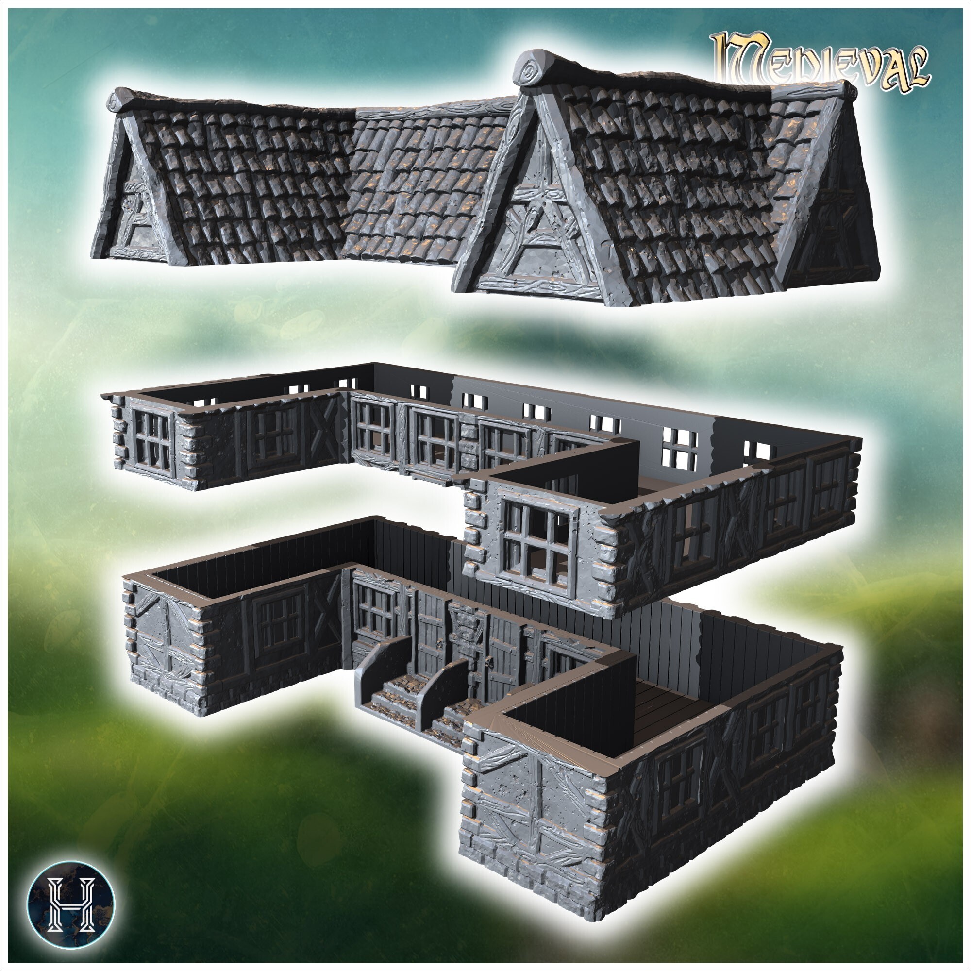 🪵 Two adjacent buildings with steep roofs, wooden beams, and multiple ...