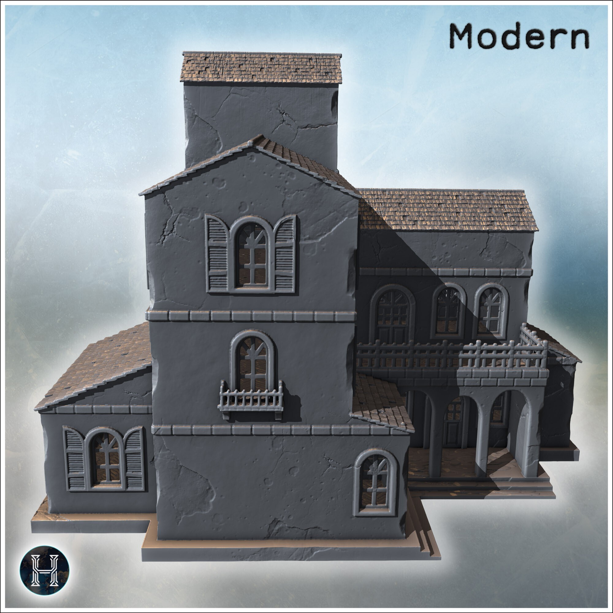 🏠 Large manor house with arched windows, central balcony and multiple ...