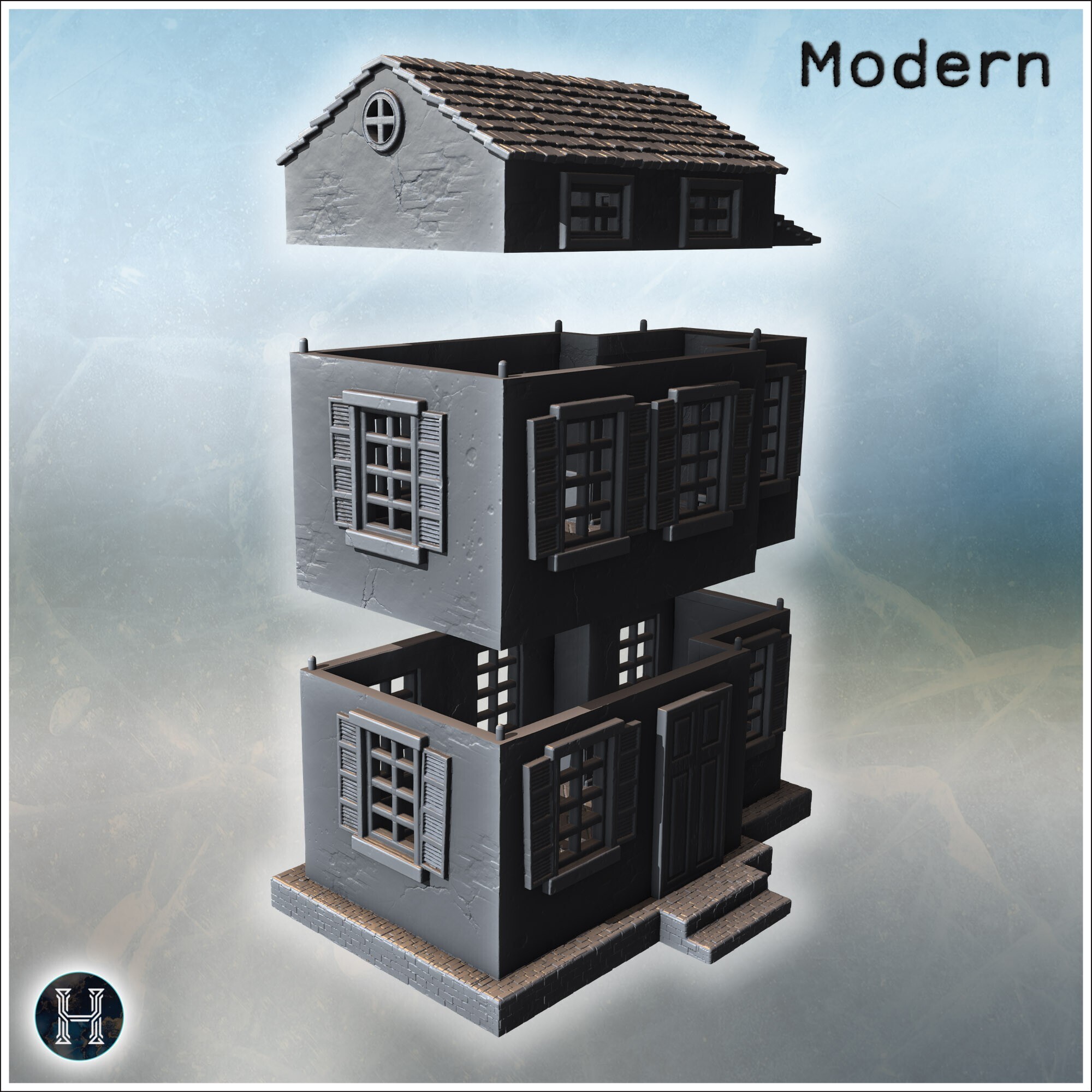 🏗️ Narrow building with tiled roof, tall windows with shutters and ...