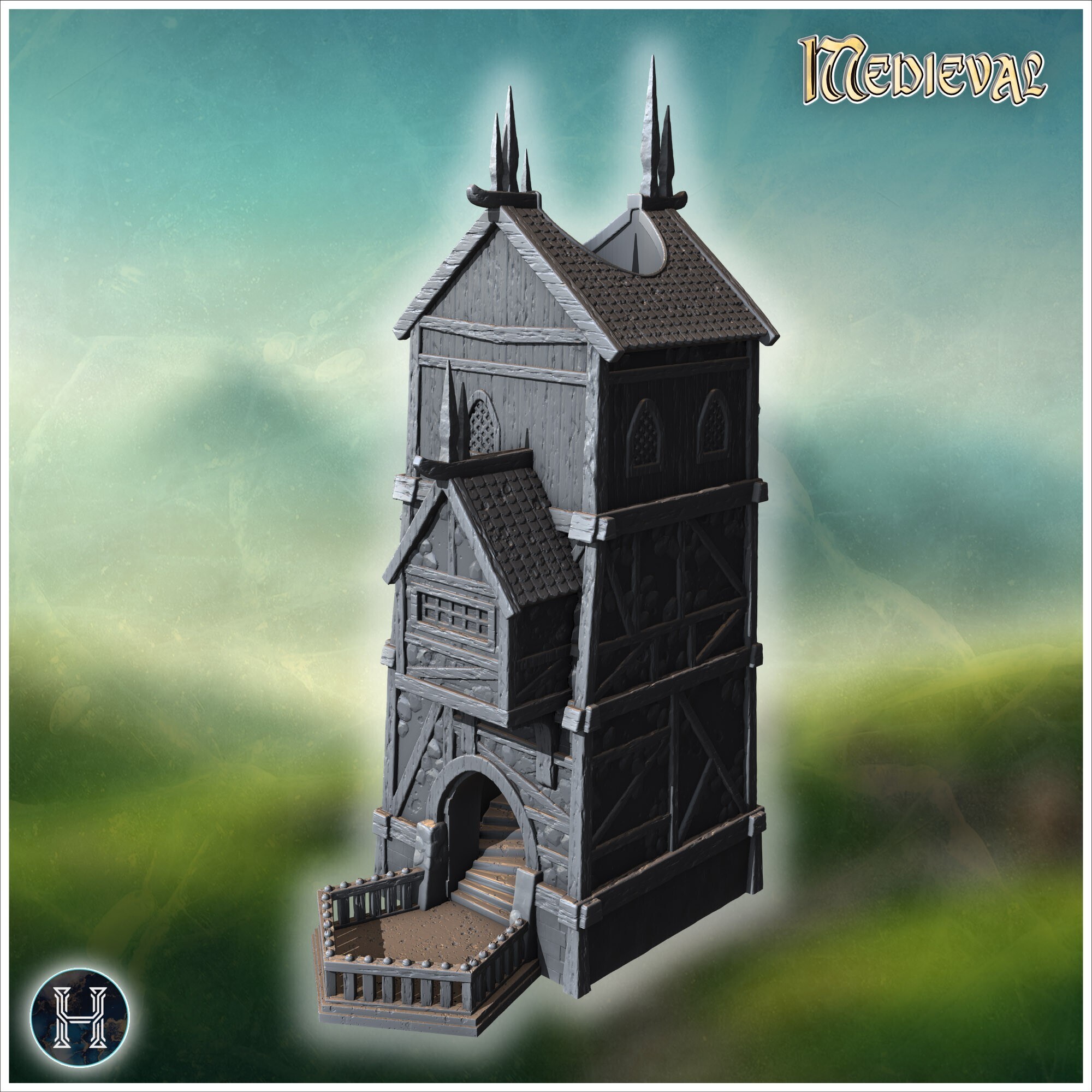 🪵 Timber-framed watchtower with reinforced base, wooden balconies, and pointed rooftop ornaments ...