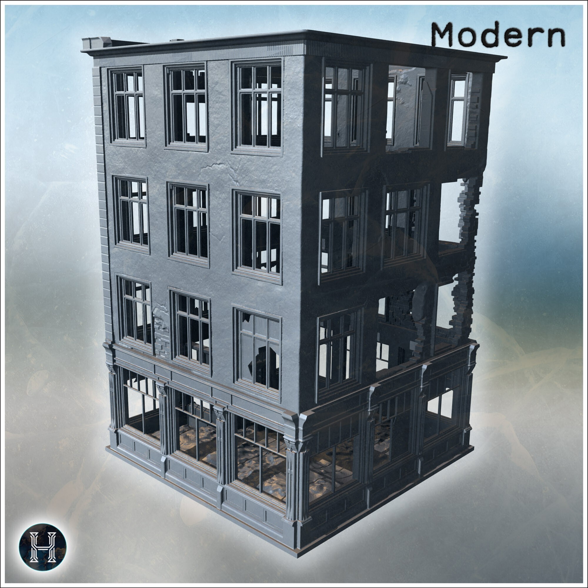 🏗️ Four-story building with broken windows, damaged facade, and debris ...