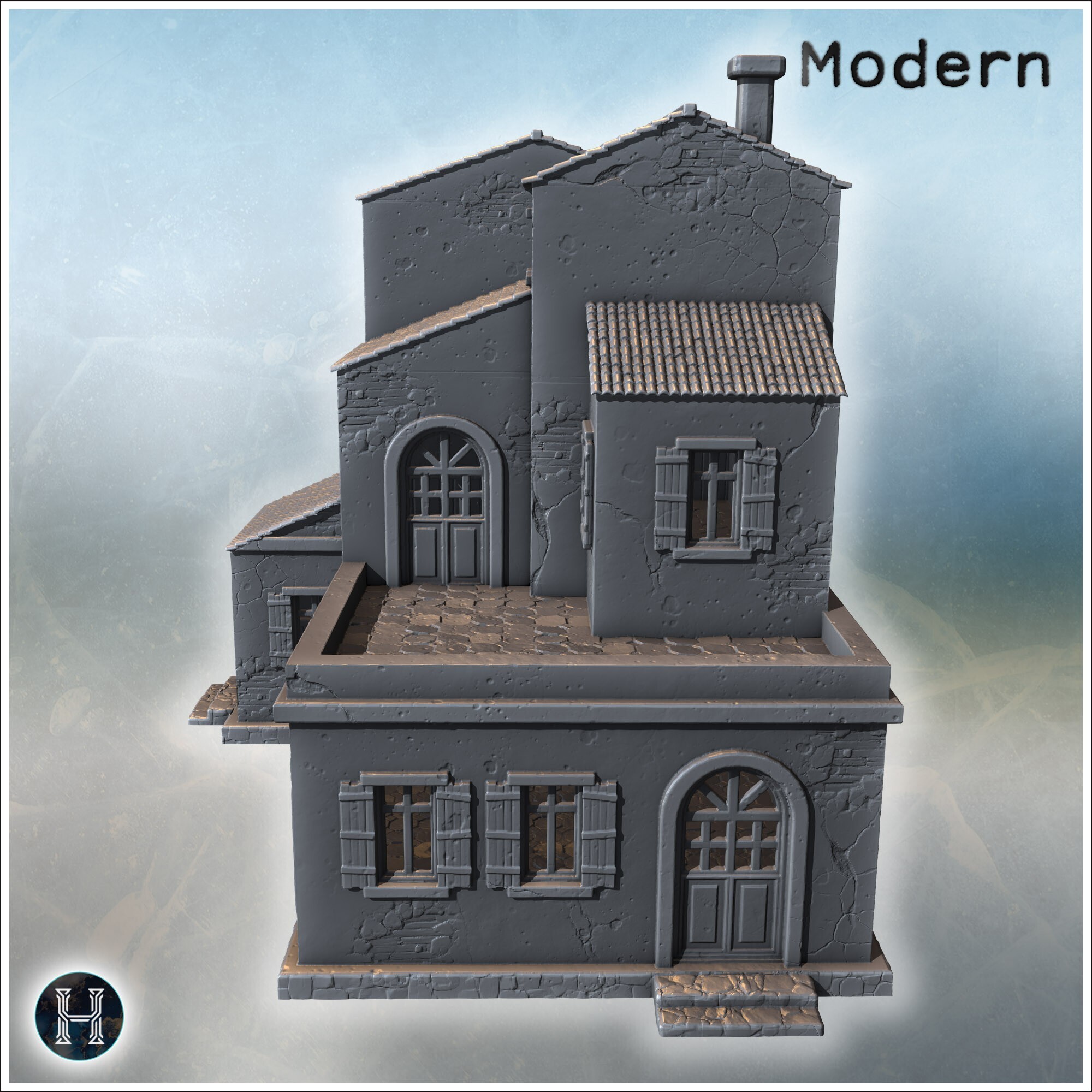 🗺️ Multi-level structure with tiled roofs, protruding wings and arched ...