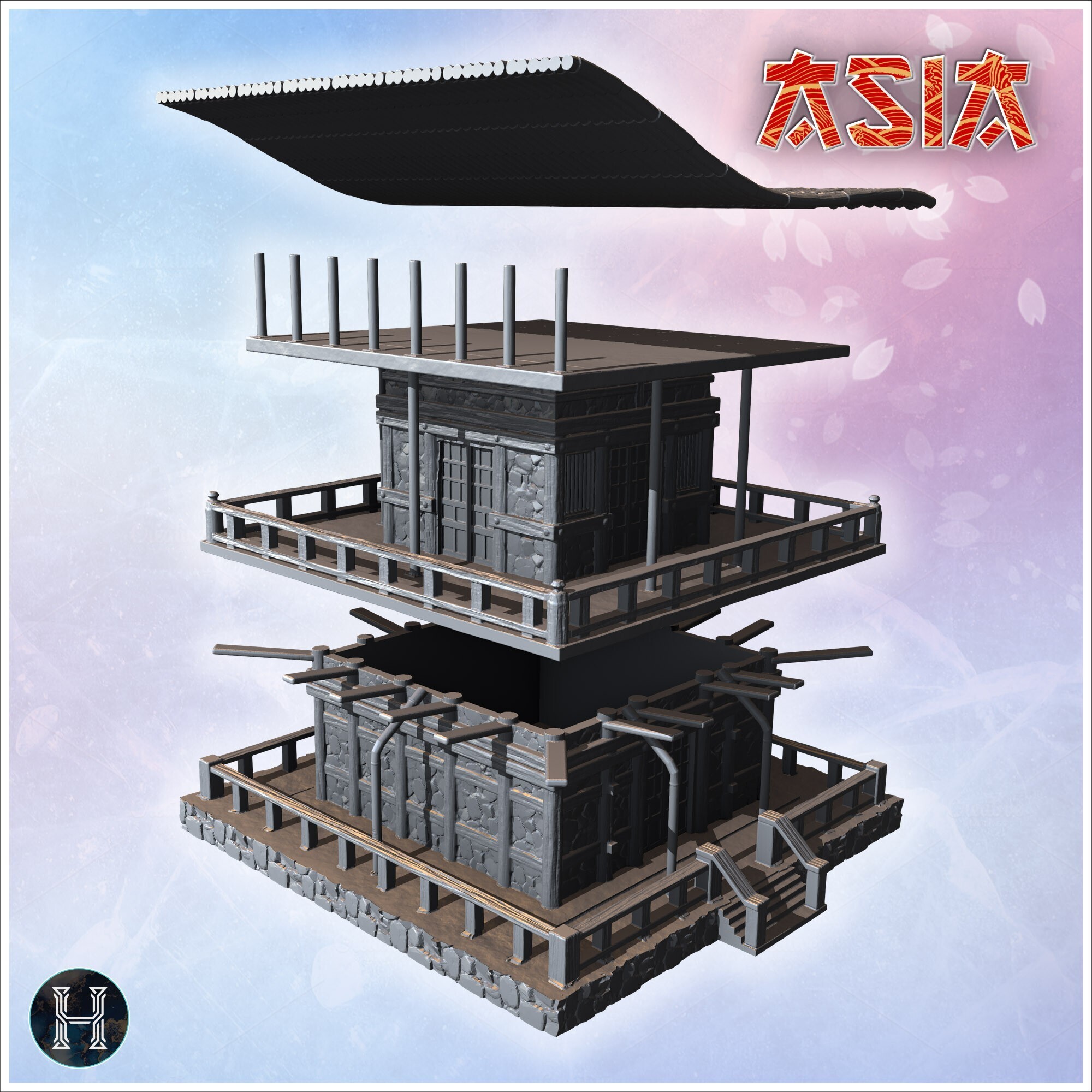 🪵 Two-story Asian-style watchtower with balconies, curved roof, stone ...