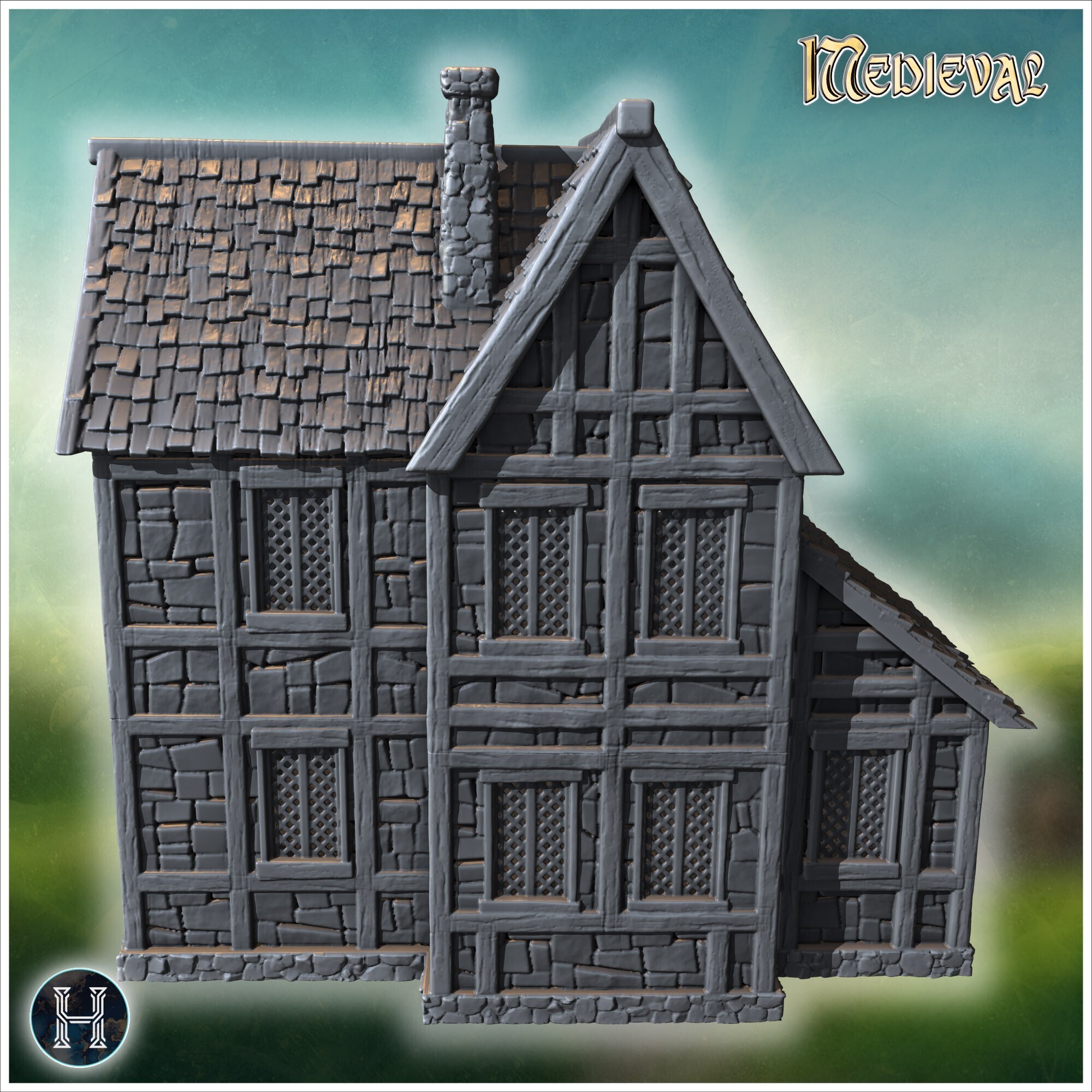 👴 Tall medieval home with high-pitched roof, latticed windows, stone ...