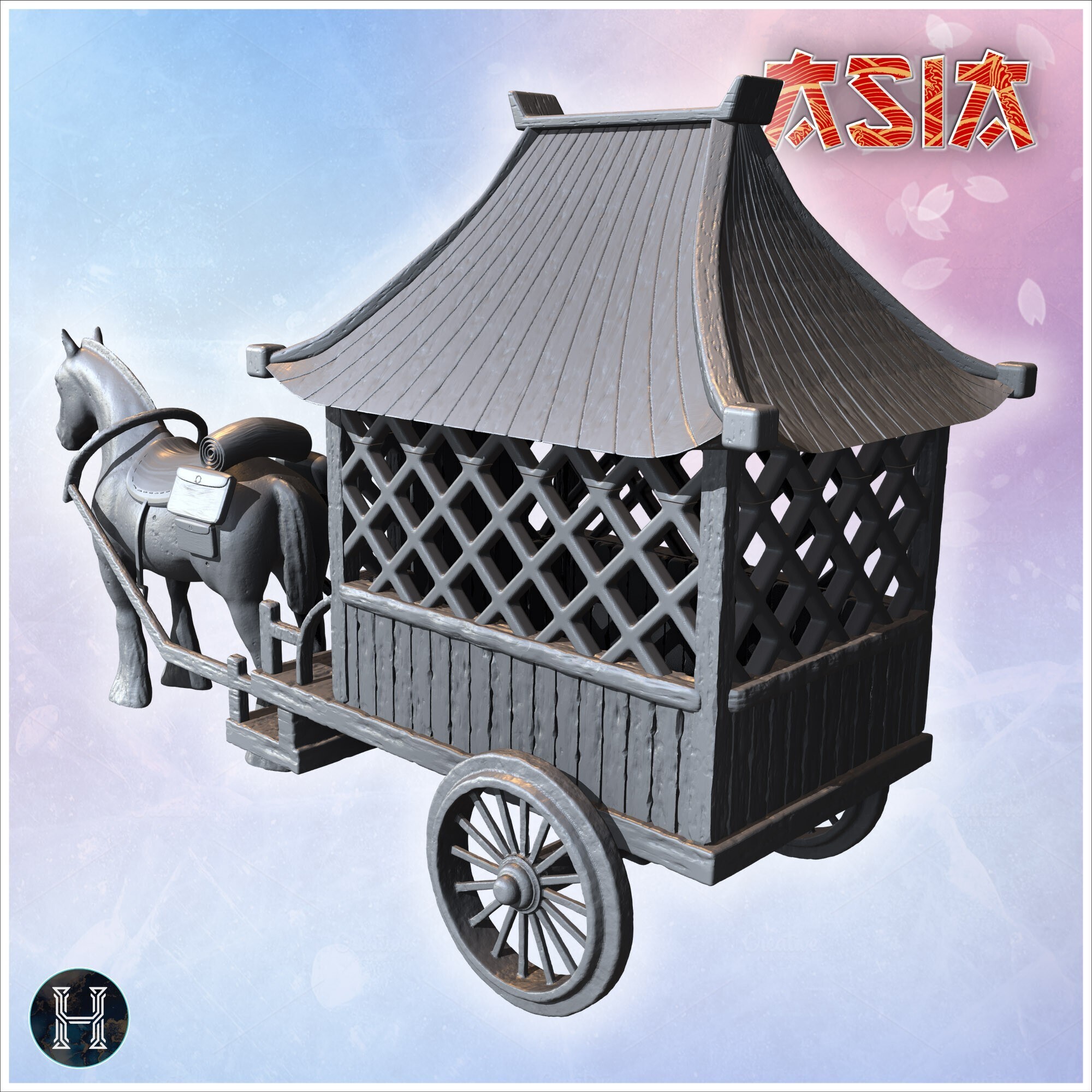 🪵 Asian horse-drawn wooden carriage featuring decorative lattice sides ...