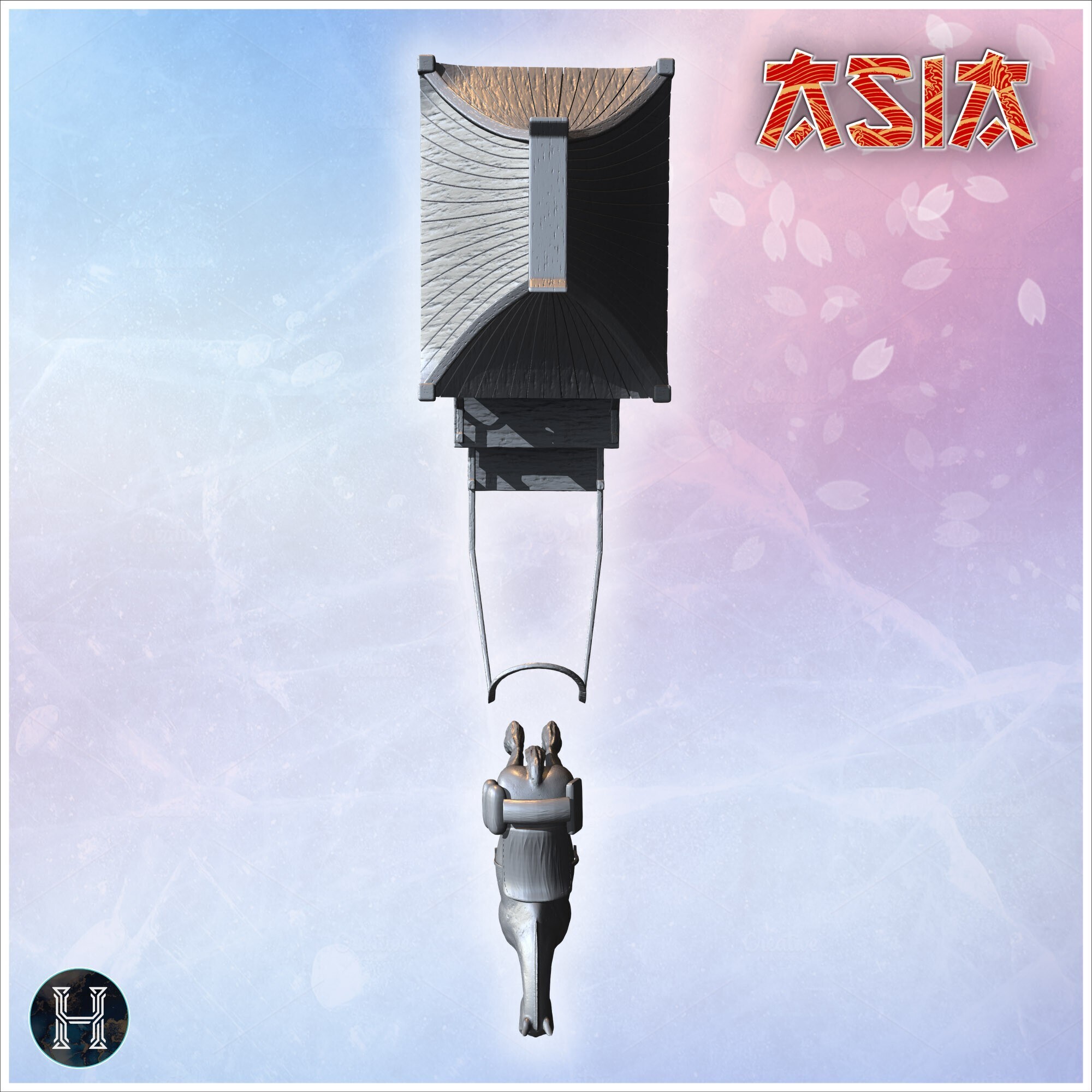 🪵 Asian horse-drawn wooden carriage featuring decorative lattice sides, curved roof, single ...