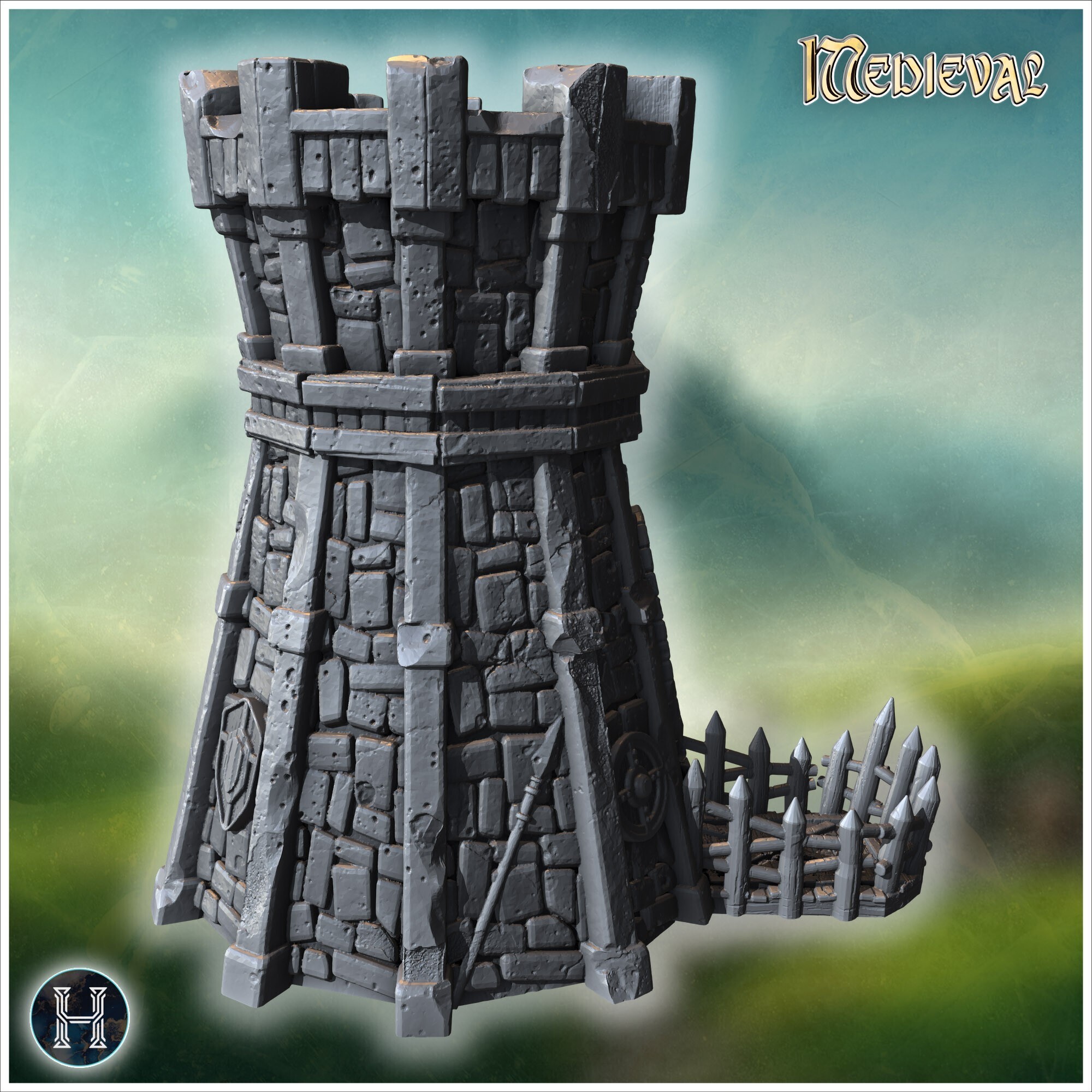 🪵 Stone watchtower with fortified gate, wooden palisade, and decorative ...