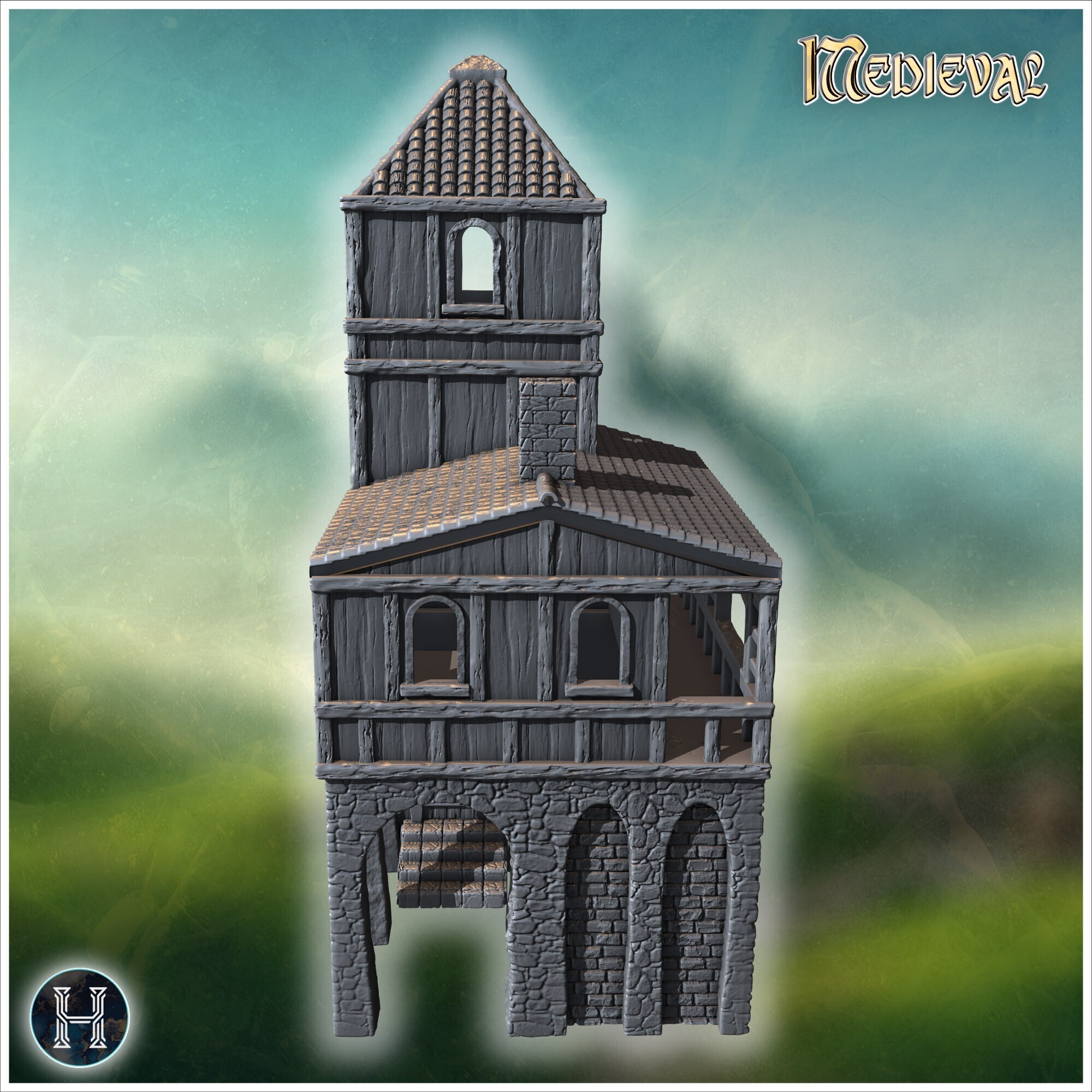 🏠 Large half-timbered house with a stone base, tiled roof, and open ...