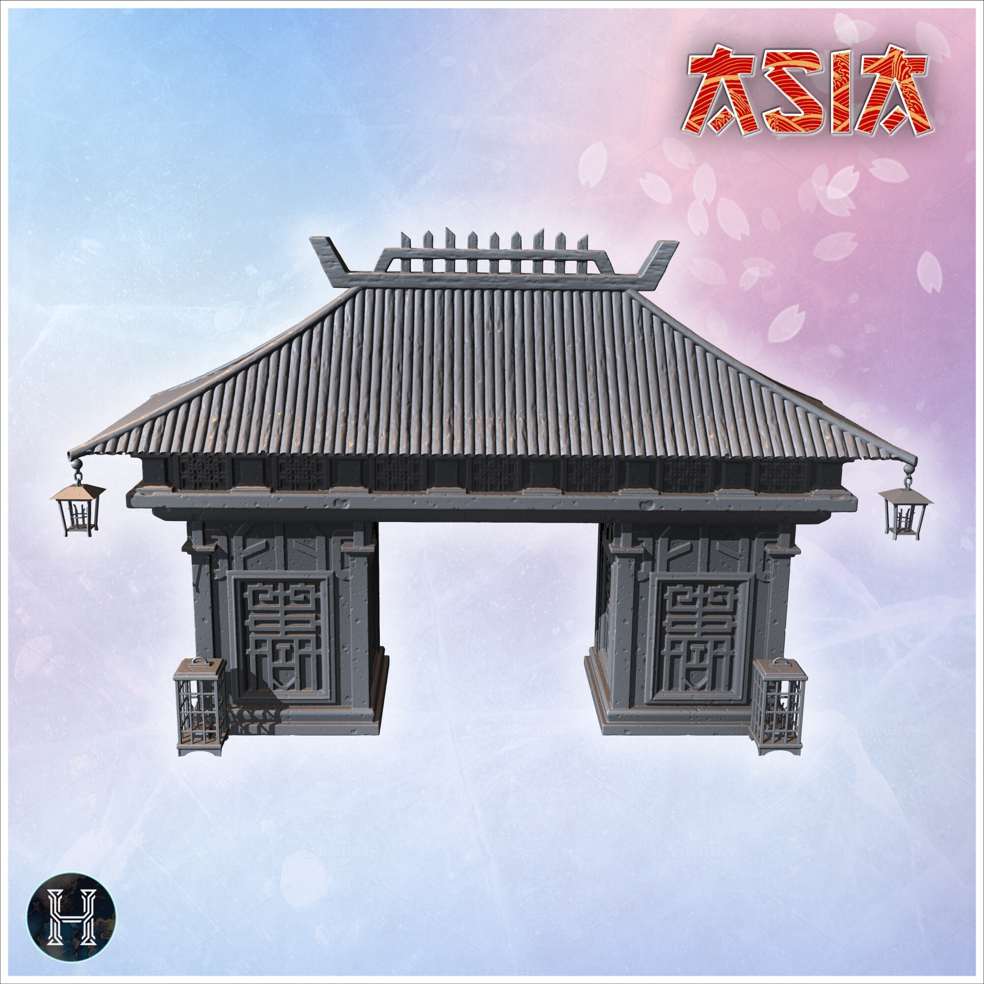 🥷 Ornate Asian gate structure with intricate panel designs, hanging ...