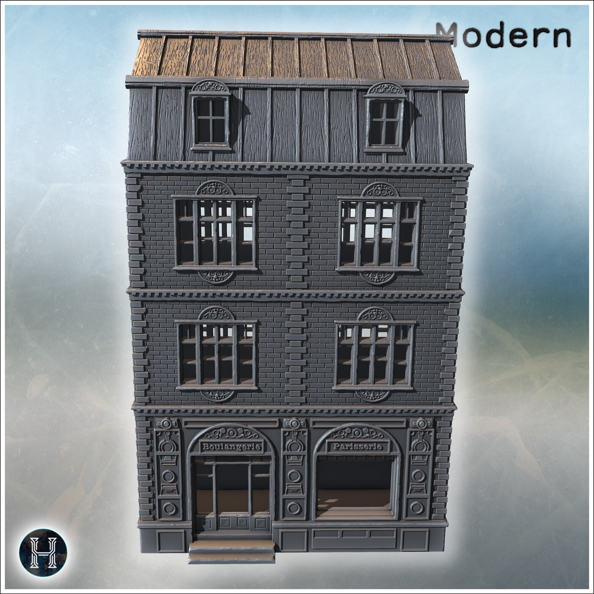 🏙️ Narrow city building with shopfront façade and mansard roof ...