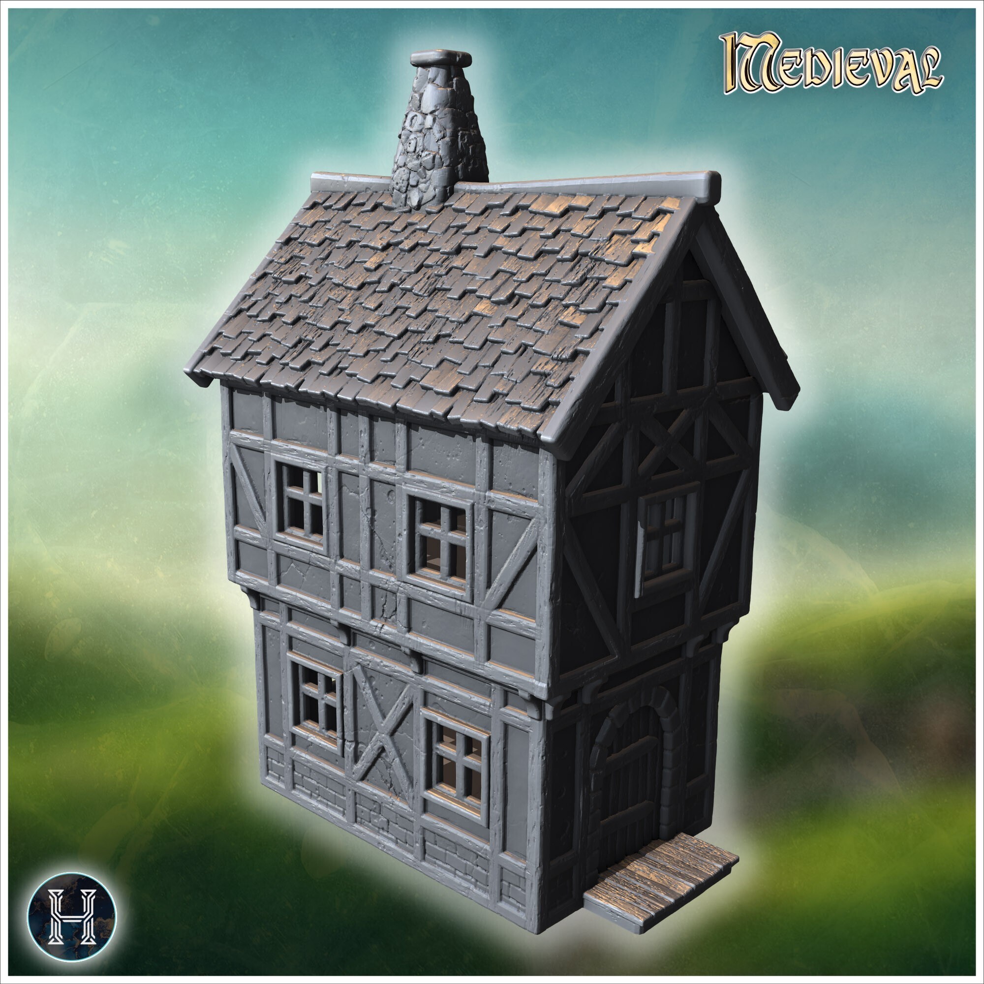 🏠 Corner medieval house with timber-framed structure, stone chimney ...