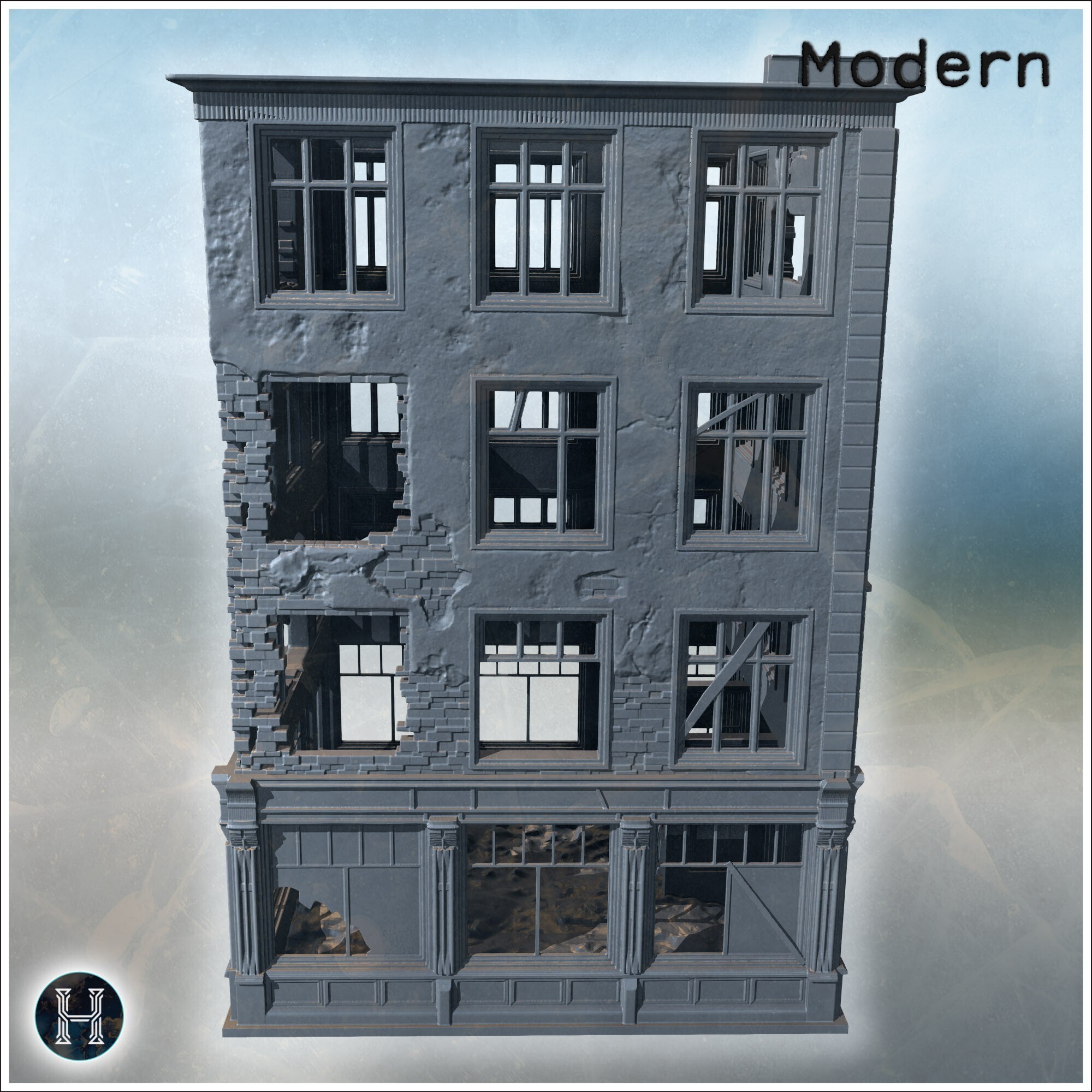 🏗️ Four-story building with broken windows, damaged facade, and debris ...